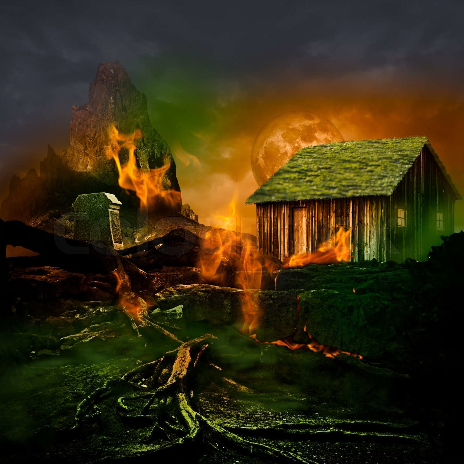 Horror Scene ~ Scary Mountain Graveyard With Tomb Stone, Haunted House ...