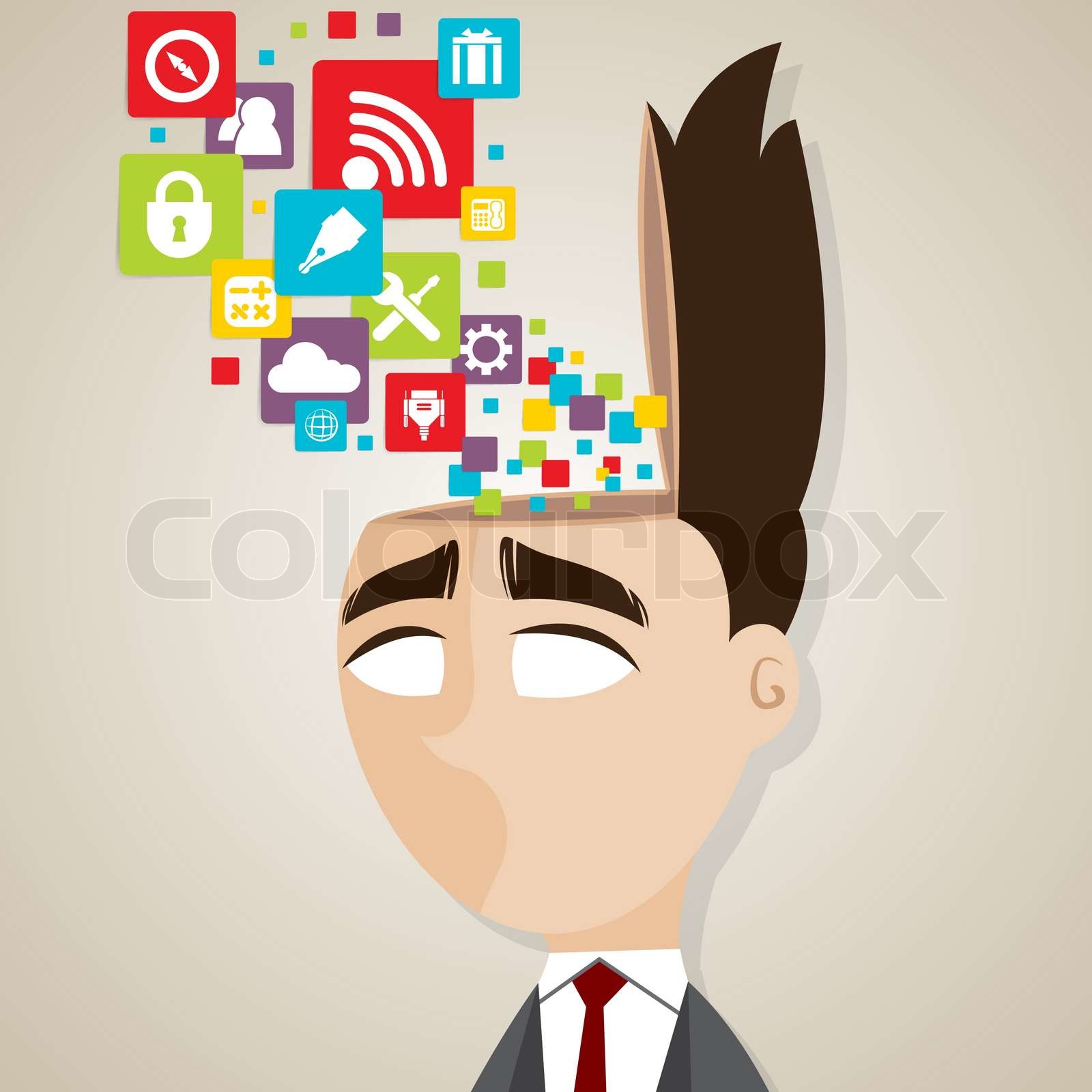 cartoon businessman with technology icons in his head | Stock vector ...