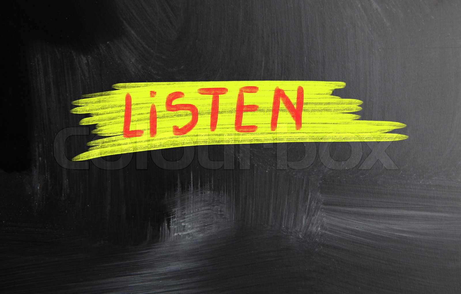 listen handwritten with chalk on a blackboard | Stock image | Colourbox