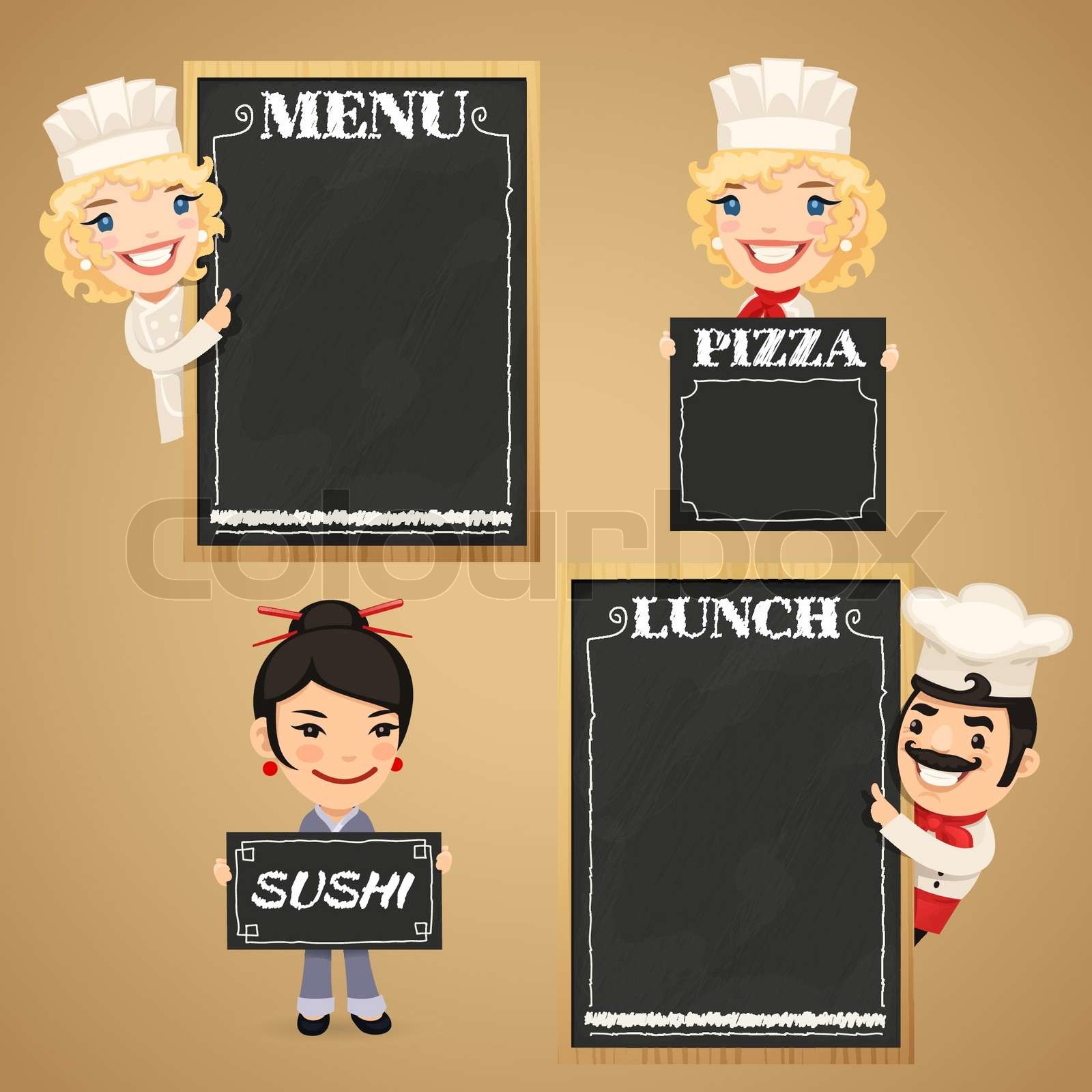 Chefs Cartoon Characters with Chalkboard Menu | Stock vector | Colourbox