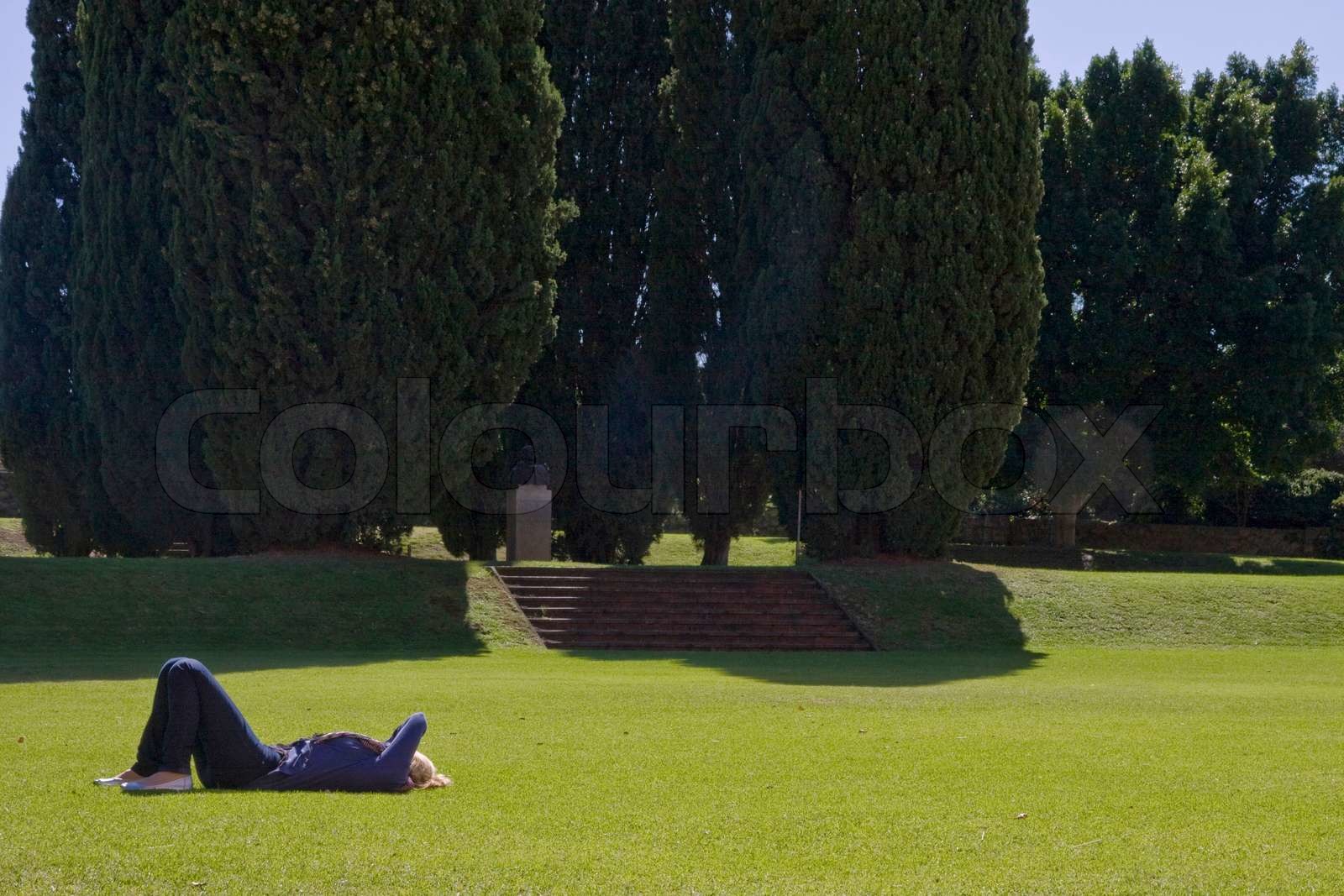 A woman sunbathing in an Australian campus | Stock image | Colourbox