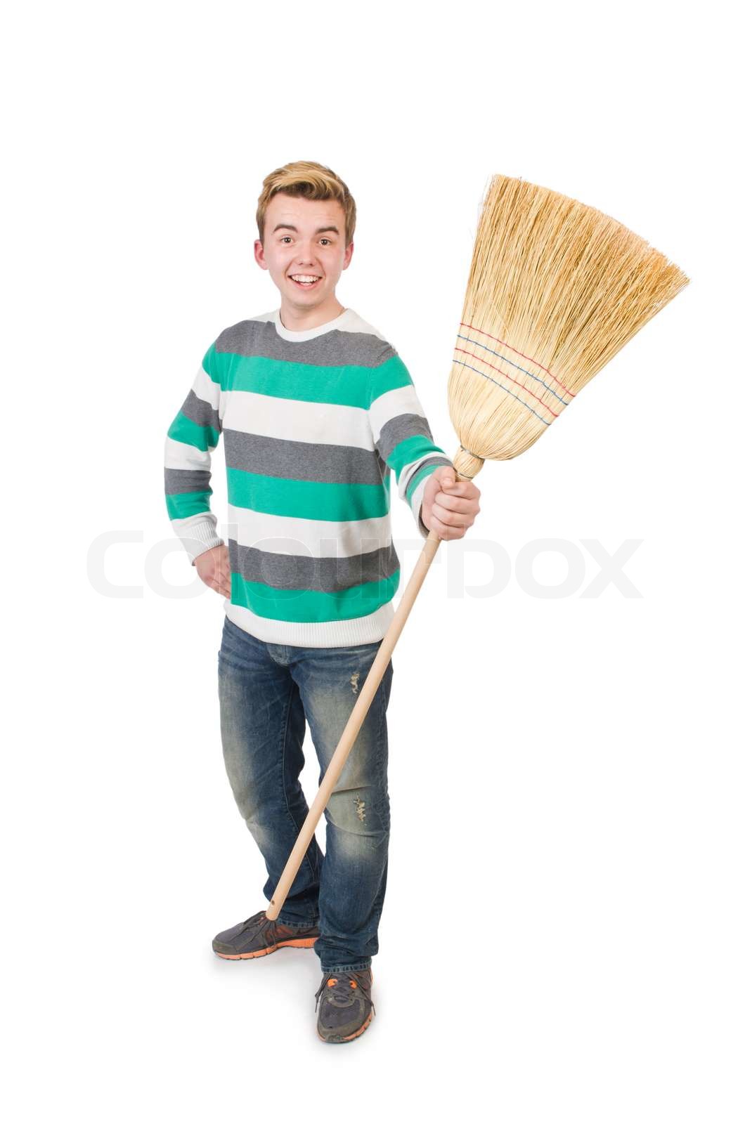 Funny man with mop isolated on white | Stock image | Colourbox