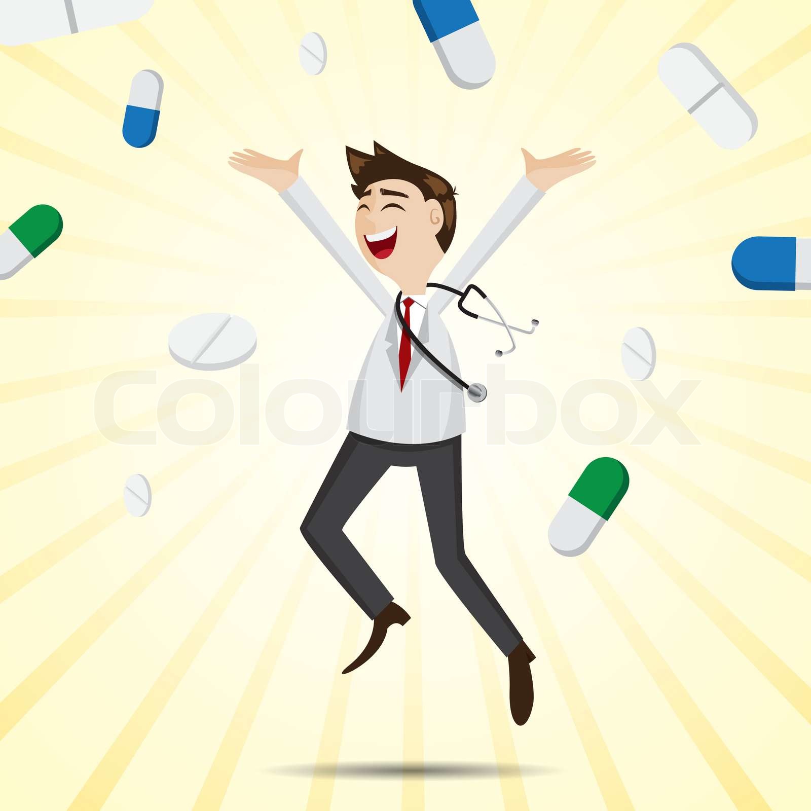 cartoon happiness doctor jumping with medicine pills | Stock vector ...