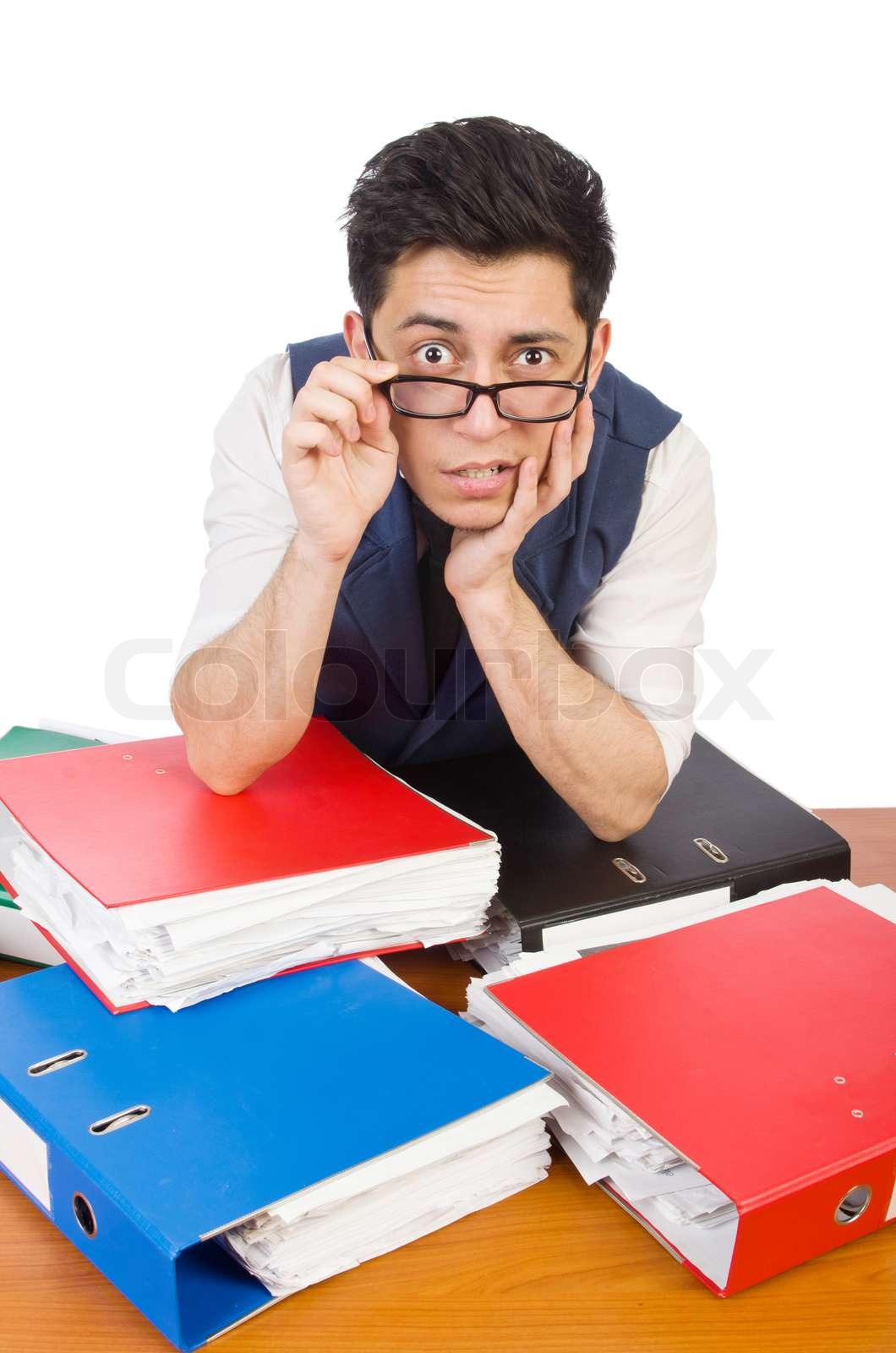 Funny man with lots of folders on white | Stock image | Colourbox