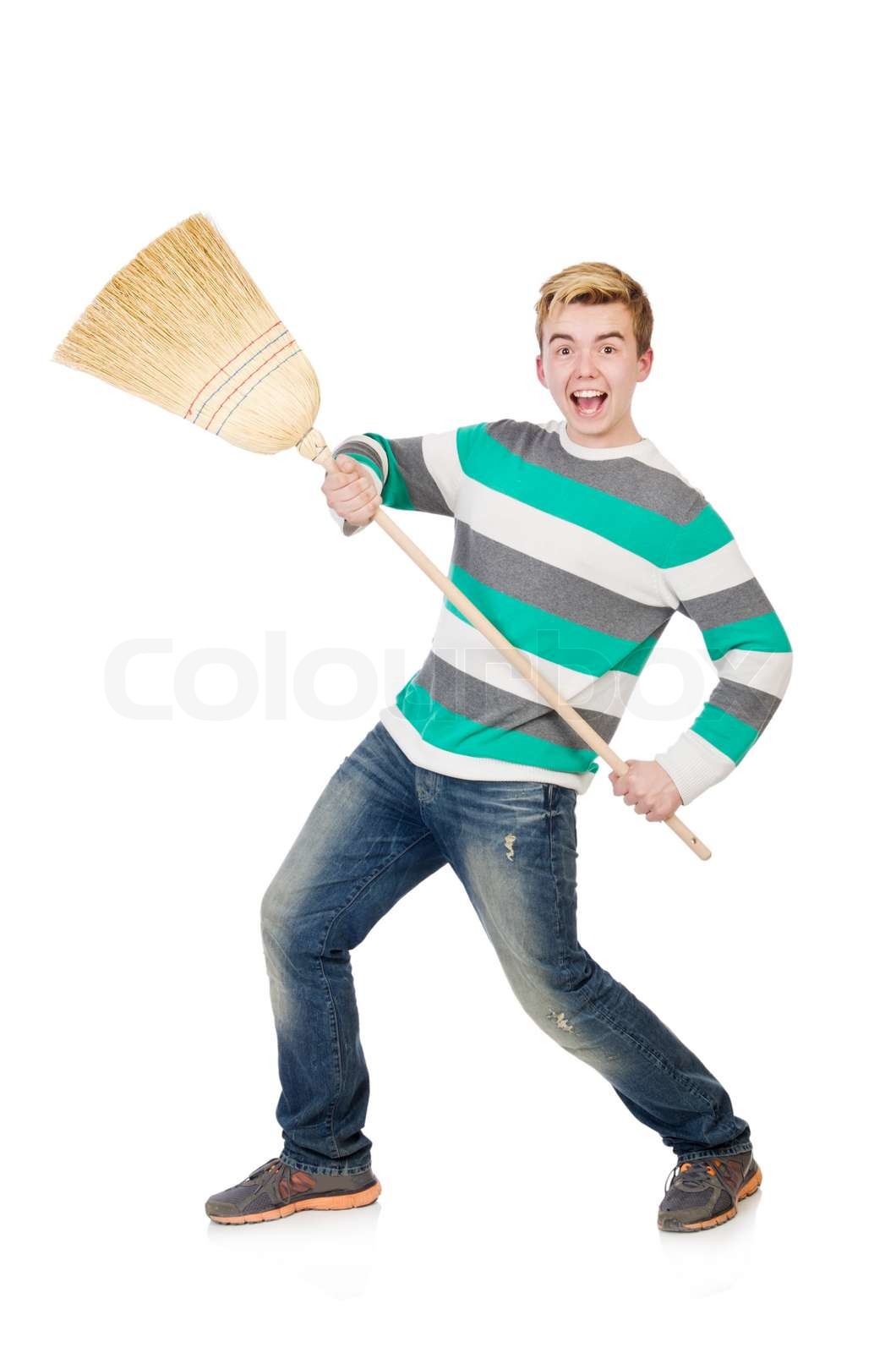 Funny man with mop isolated on white | Stock image | Colourbox