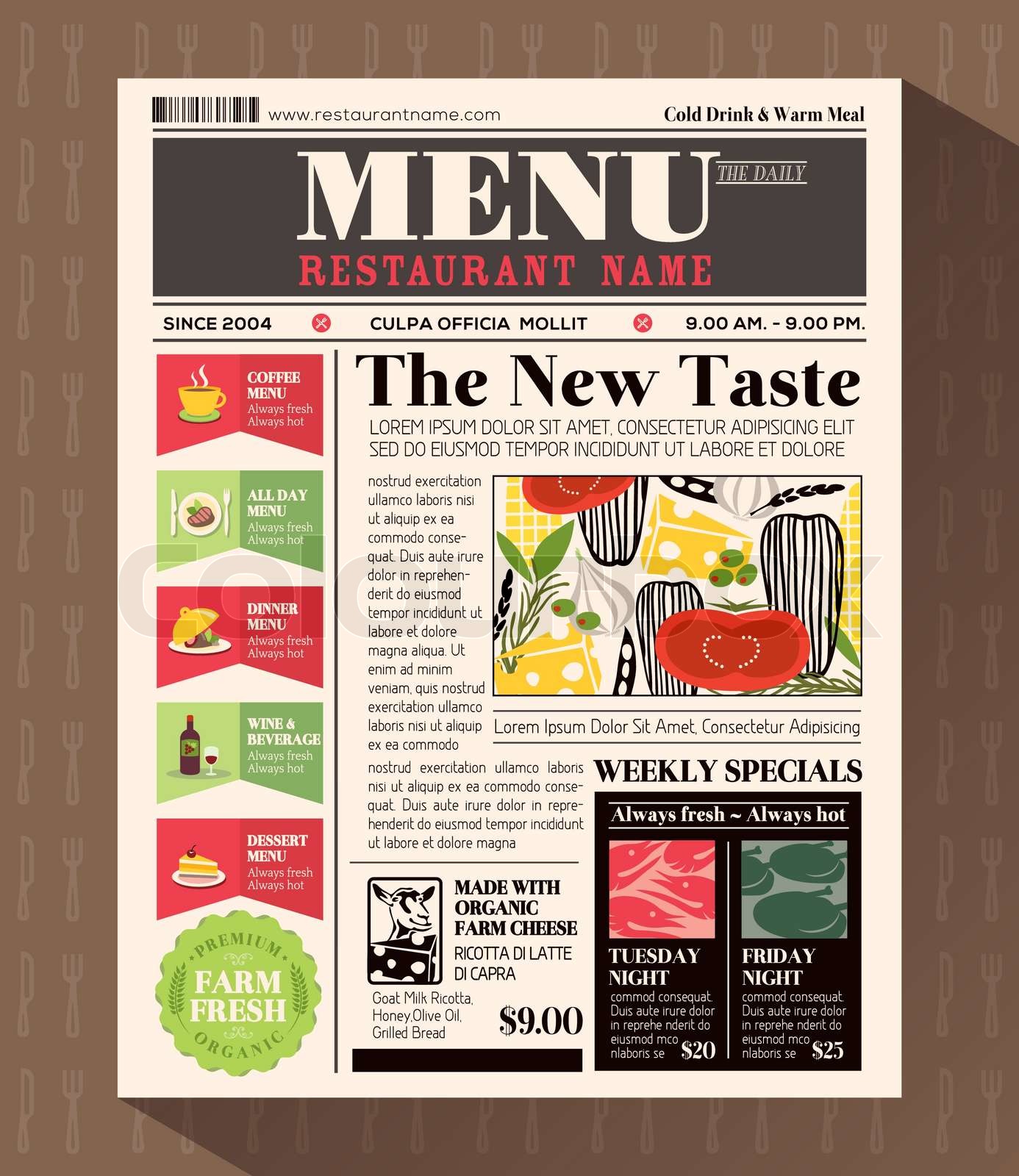 Restaurant Menu Design Template in Newspaper style | Stock vector ...