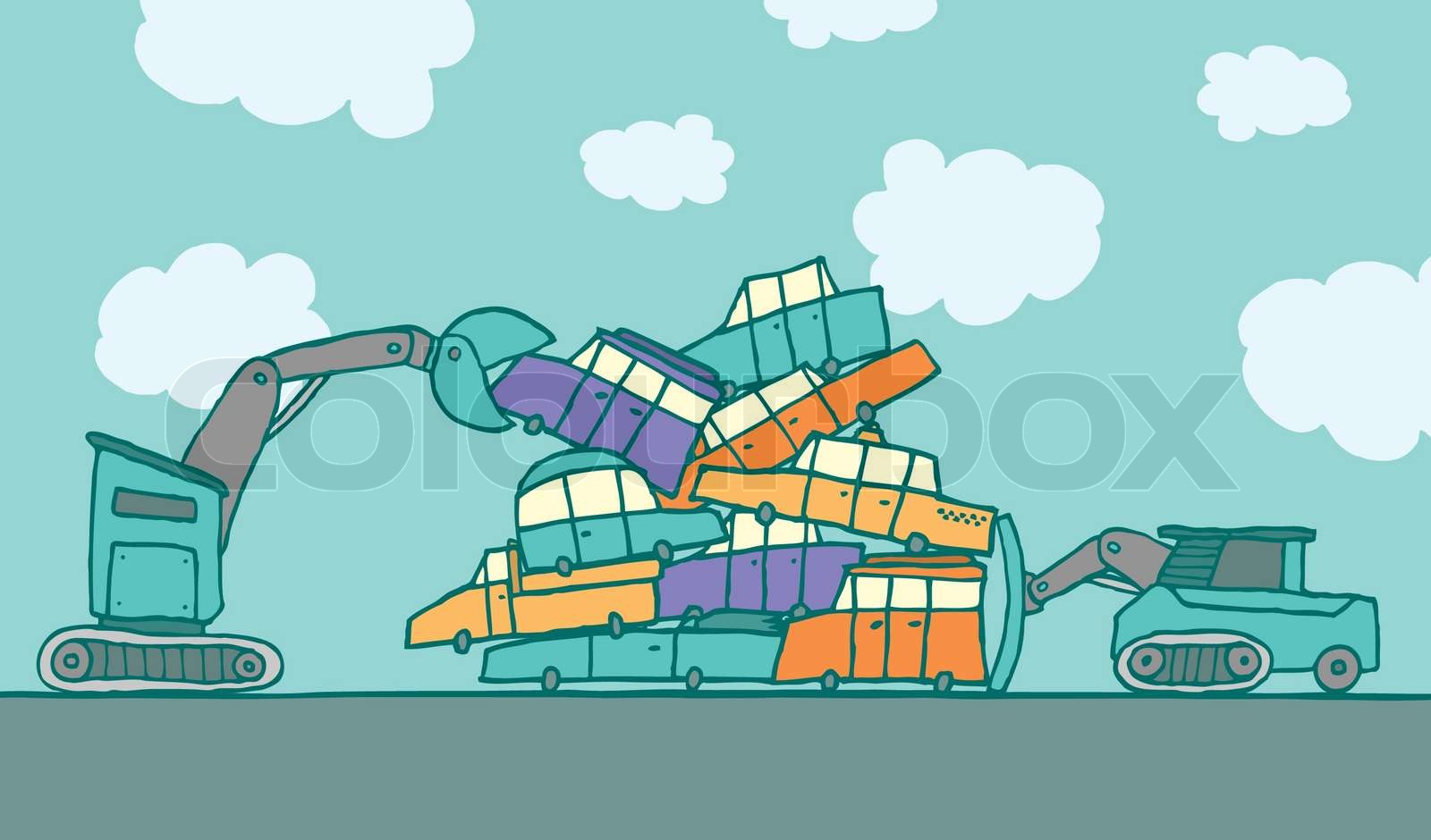 Crane and bulldozer piling up cars | Stock vector | Colourbox