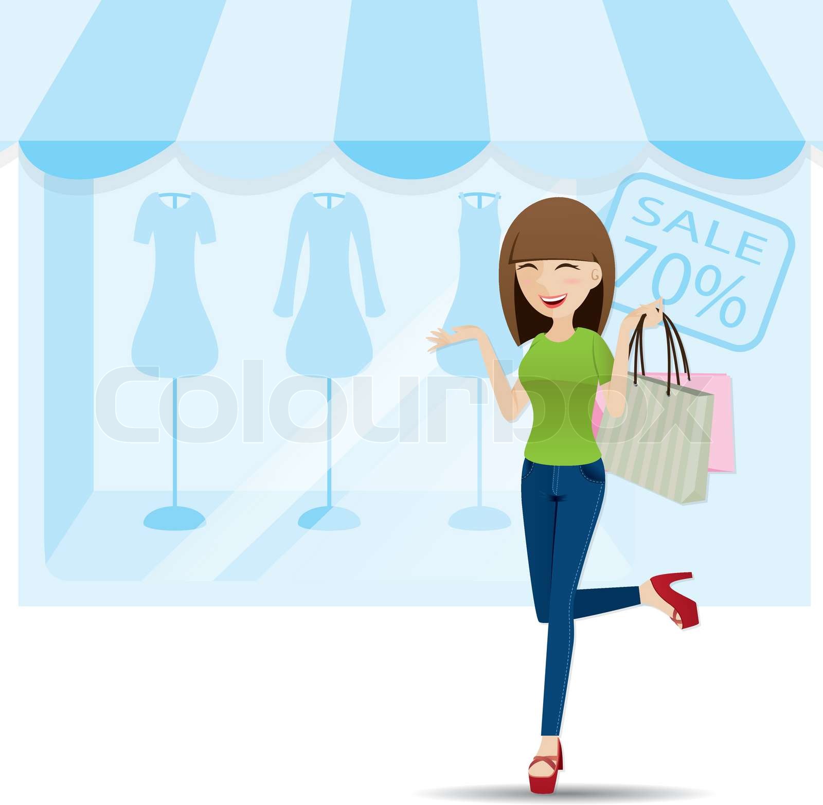 Einkaufen bei Shop Hintergrund Cartoon-Teenager-Mädchen | Stock-Vektor ...