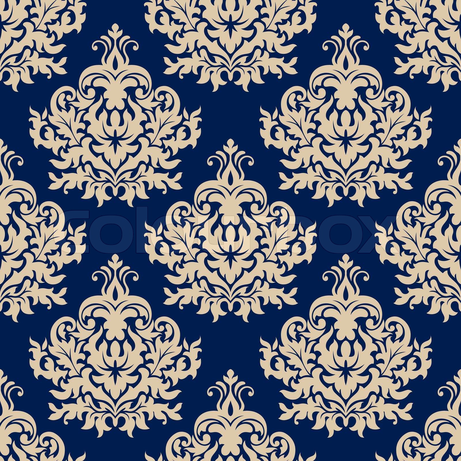 Blue damask seamless pattern with beige flourishes | Stock vector ...