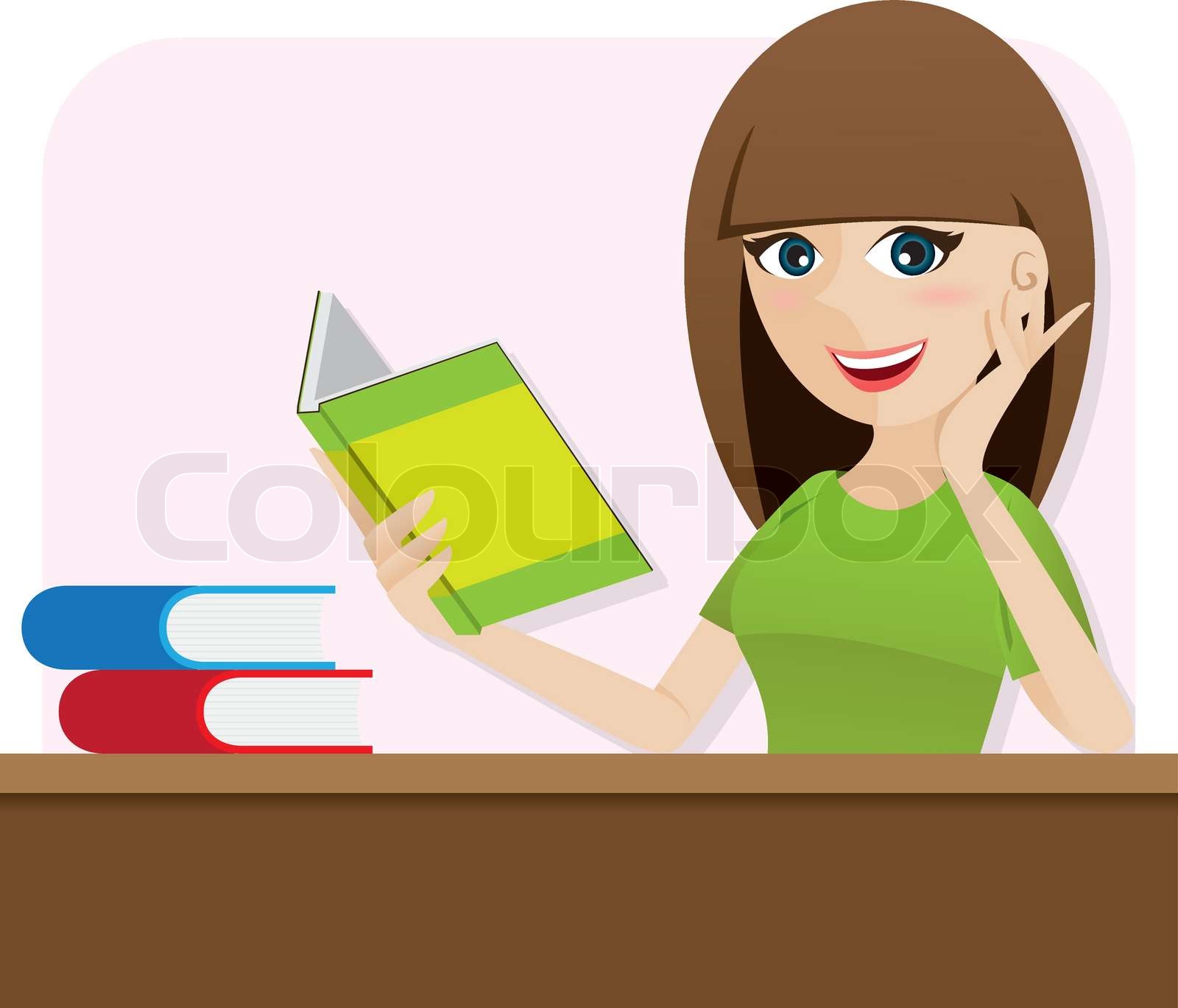 cartoon smart girl reading book on table | Stock vector | Colourbox