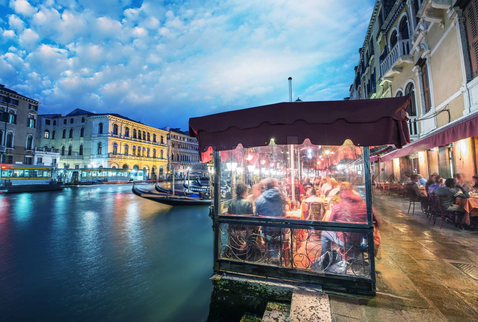 Venice, Italy. Pubs and restaurants at night along Grand Canal | Stock ...
