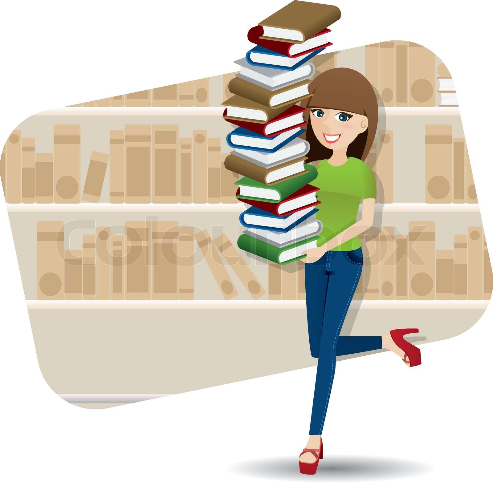 cartoon smart girl carrying pile of book in library | Stock vector ...
