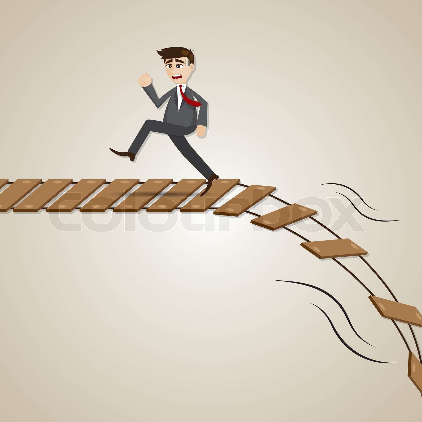 cartoon businessman run away from broken rope bridge | Stock vector ...