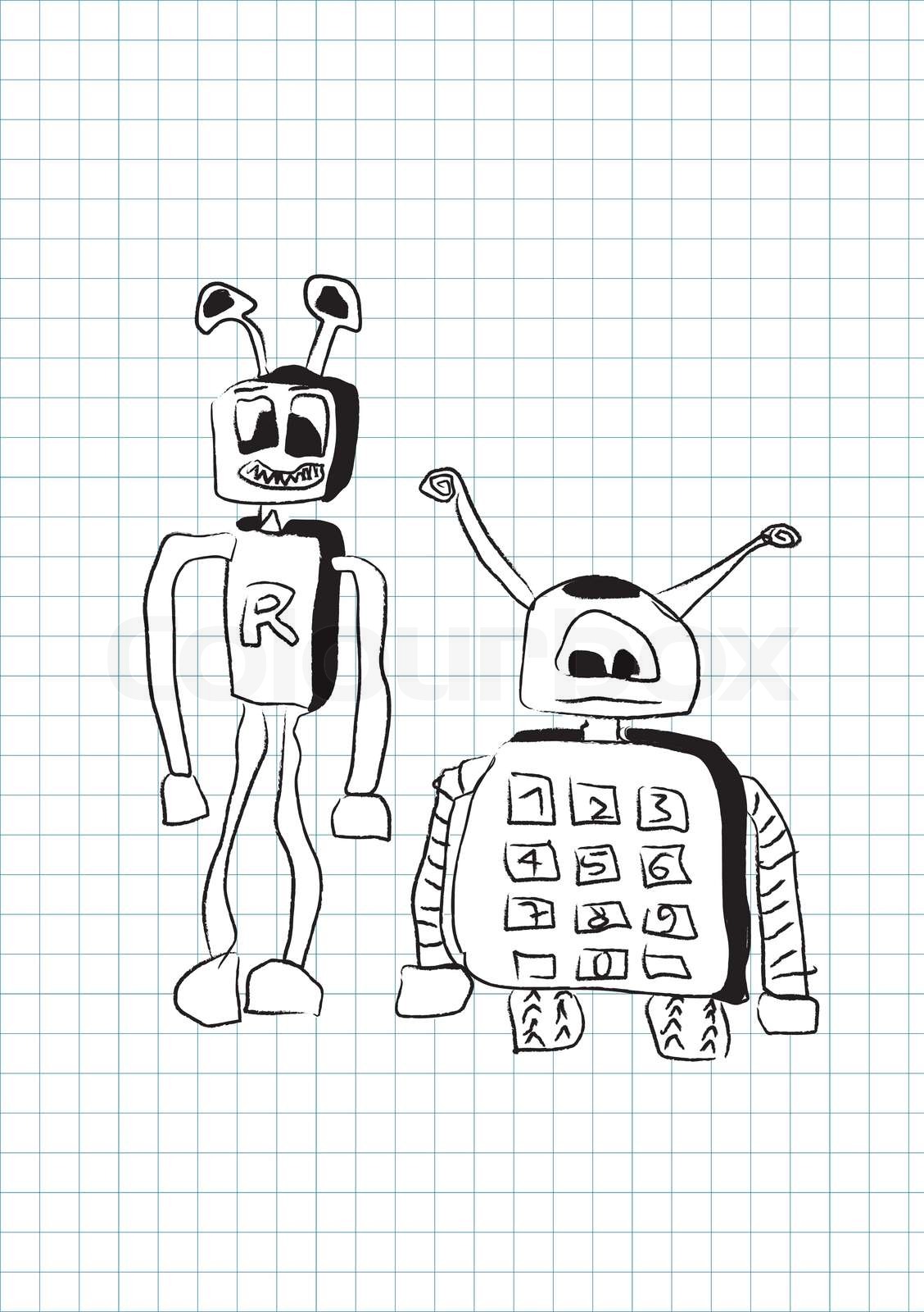 Two funny stupid robots in doodle style - vector | Stock vector | Colourbox