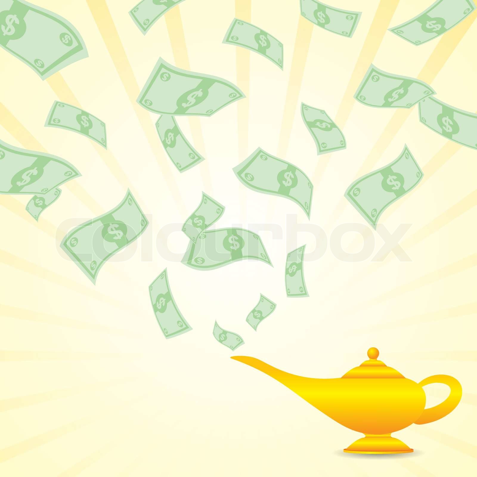 cartoon money come from magic lamp | Stock vector | Colourbox