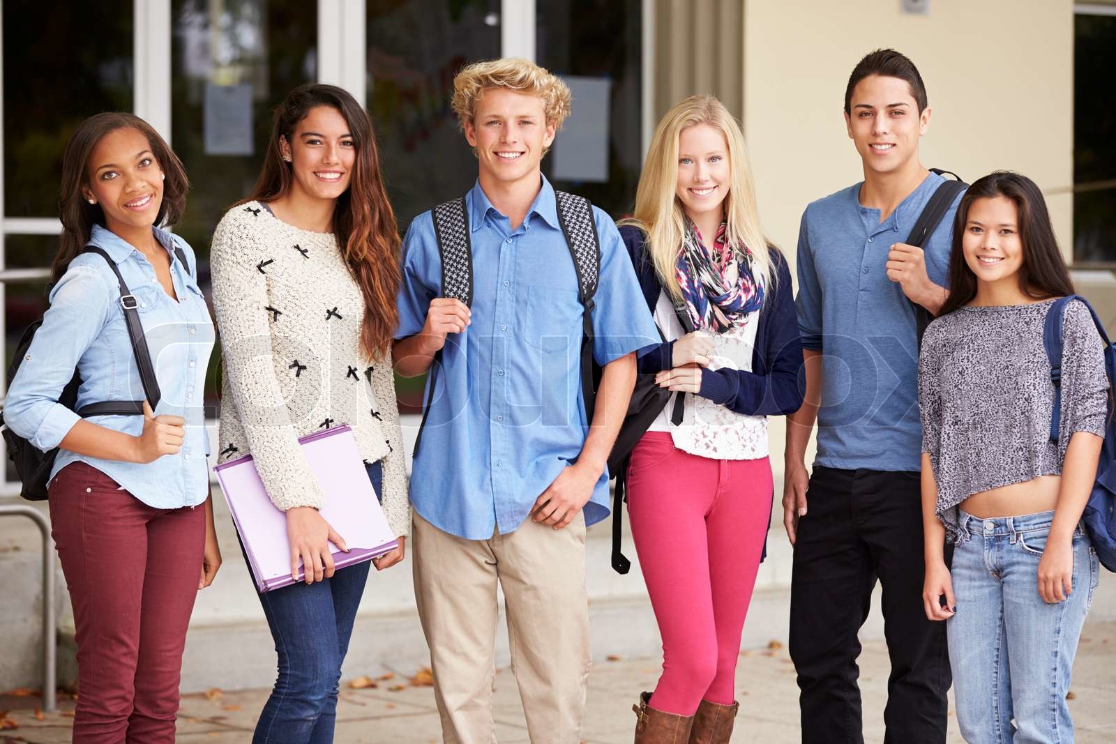 Portrait Of High School Students Standing Outside Building | Stock ...