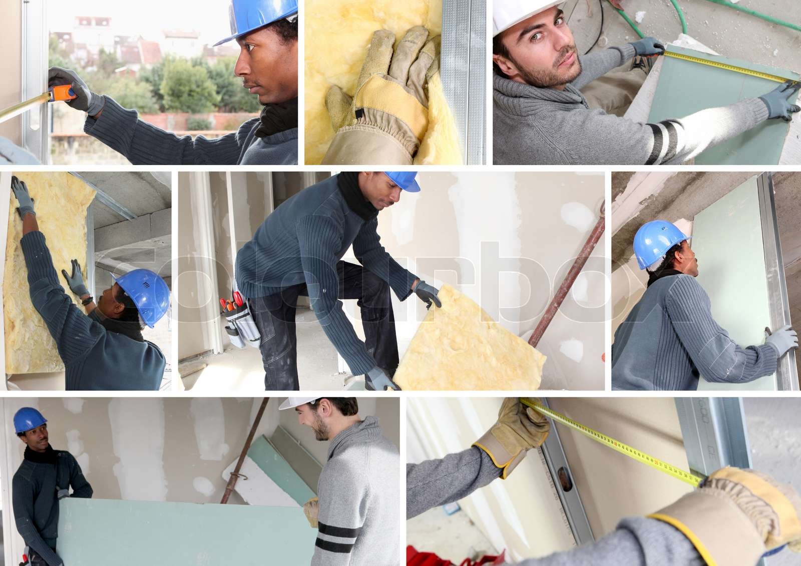 Montage von Bauherren, die passende Dämmung und Gipskarton | Stock Bild ...