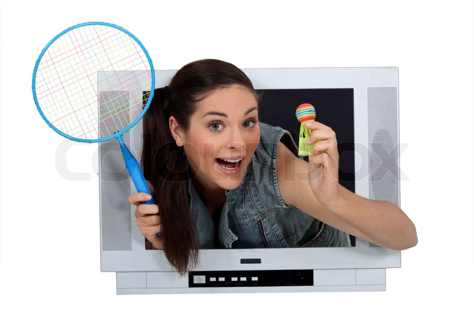 girl in TV screen with badminton racket and shuttlecock | Stock image ...