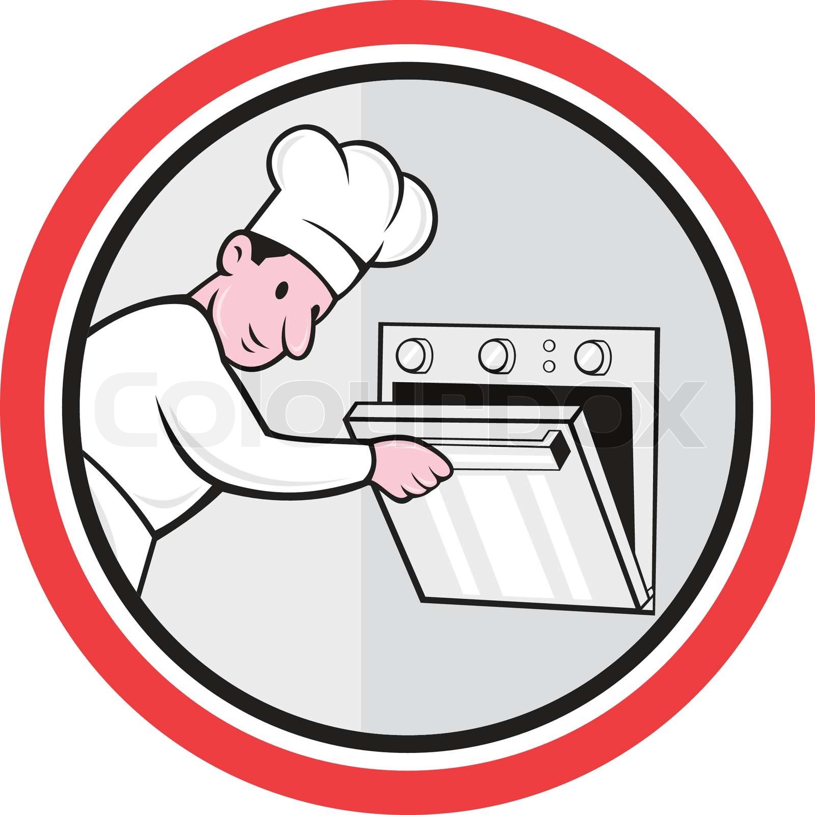 Chef Cook Baker Opening Oven Circle Cartoon | Stock vector | Colourbox