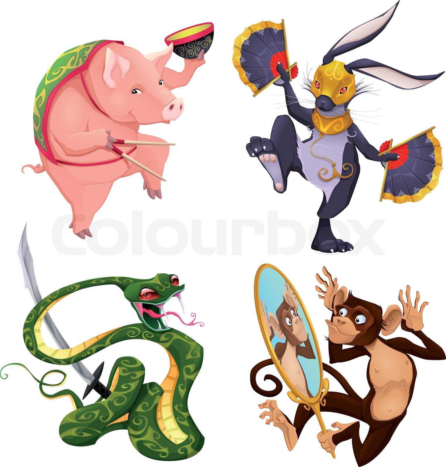 Pig, rabbit, snake and monkey. | Stock vector | Colourbox