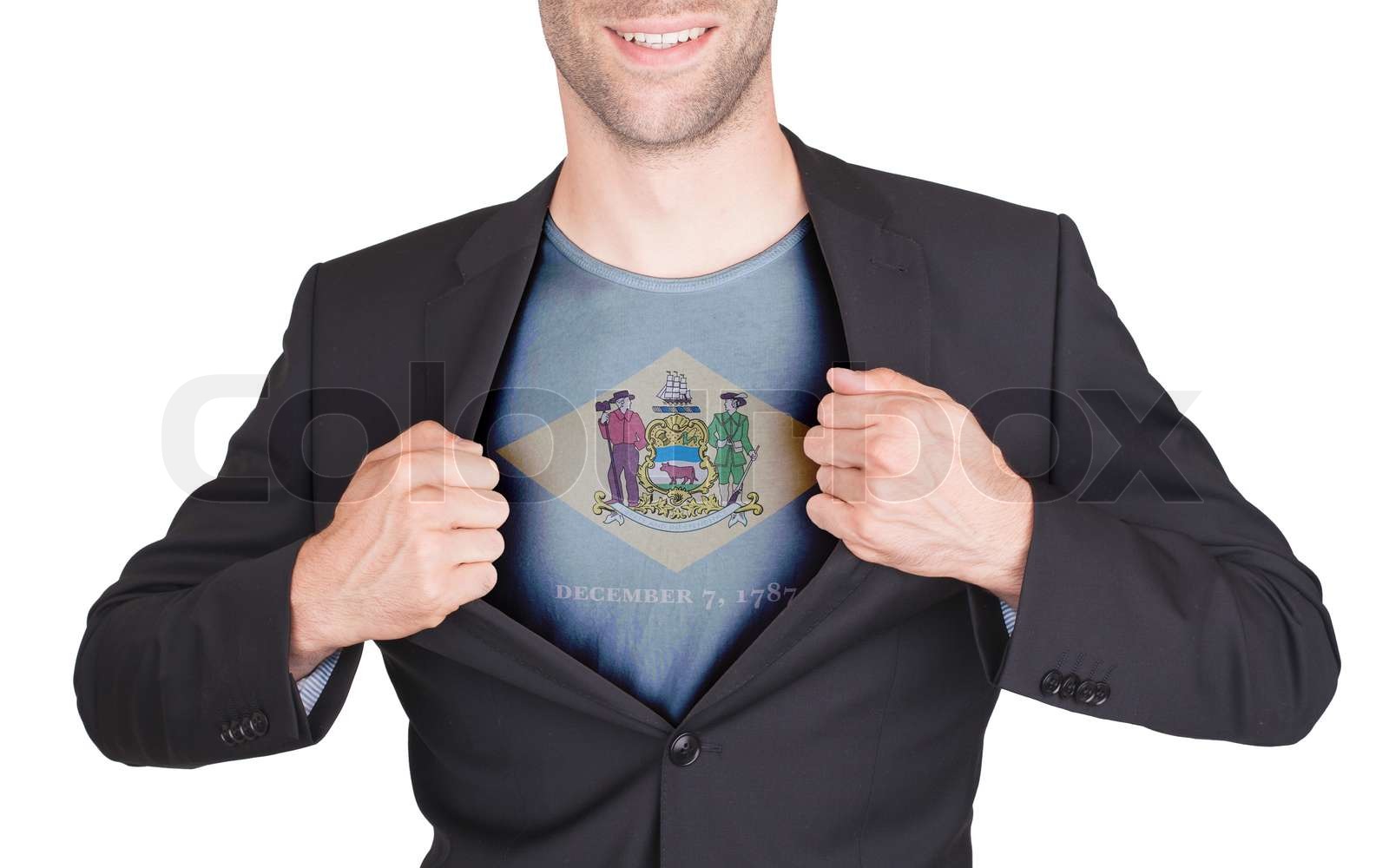 Businessman opening suit to reveal shirt with state flag | Stock image ...
