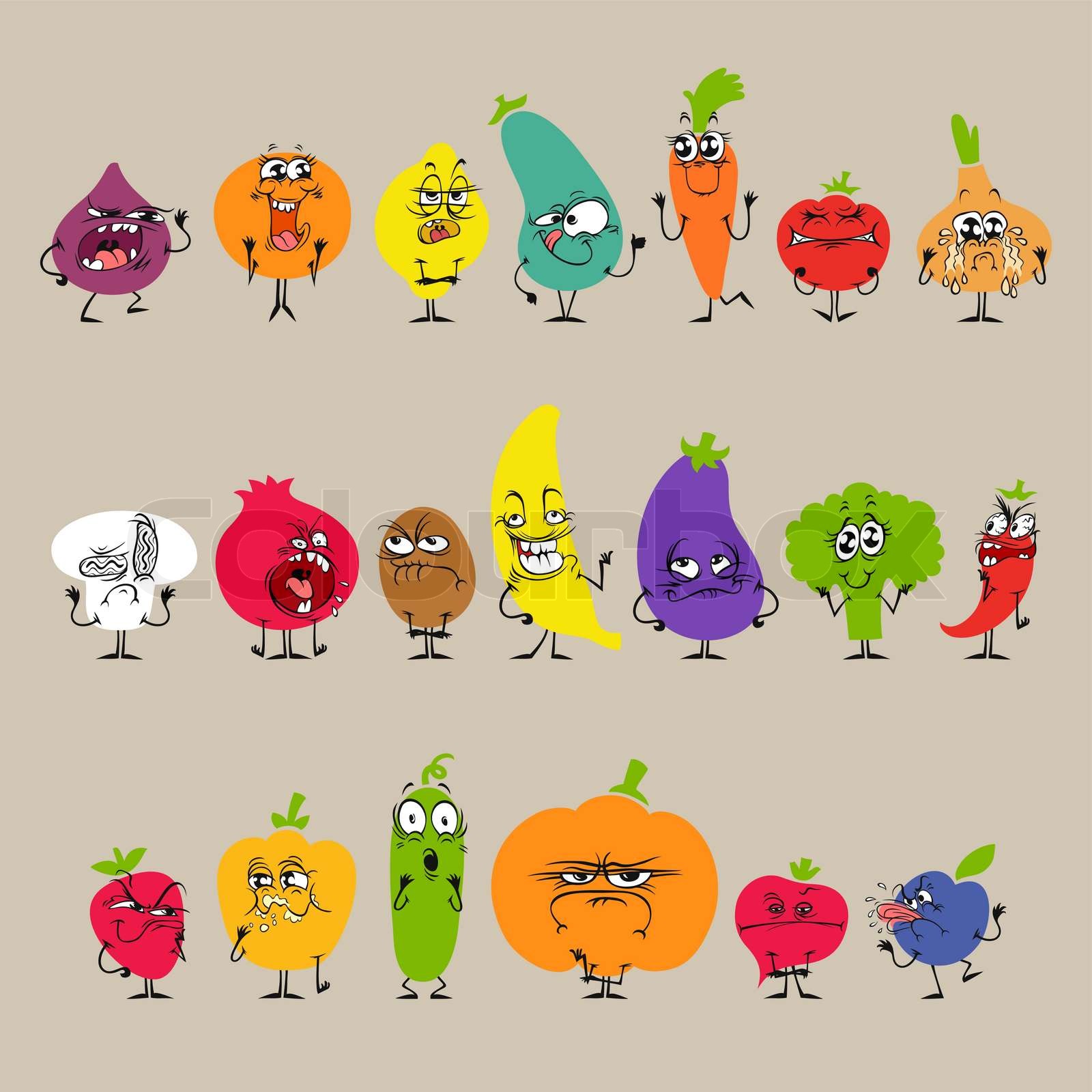 Cartoon-Obst und Gemüse mit Mimik | Stock-Vektor | Colourbox