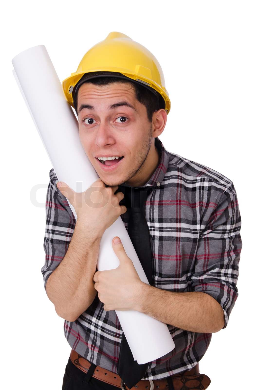 Funny man with blueprints on white | Stock image | Colourbox