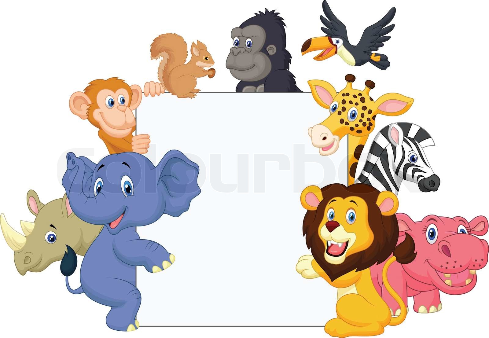 Cartoon wild animal holding blank sign | Stock vector | Colourbox