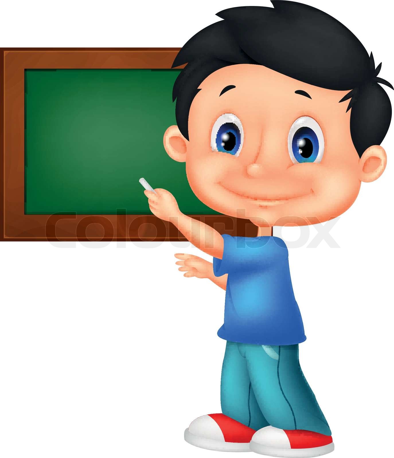 glückliche kleine Schule junge Cartoon an die Tafel schreiben | Stock ...