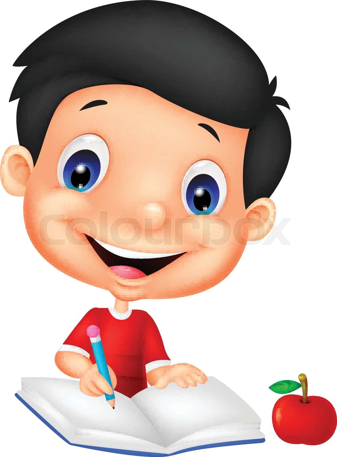 Happy boy cartoon writing on a book | Stock vector | Colourbox