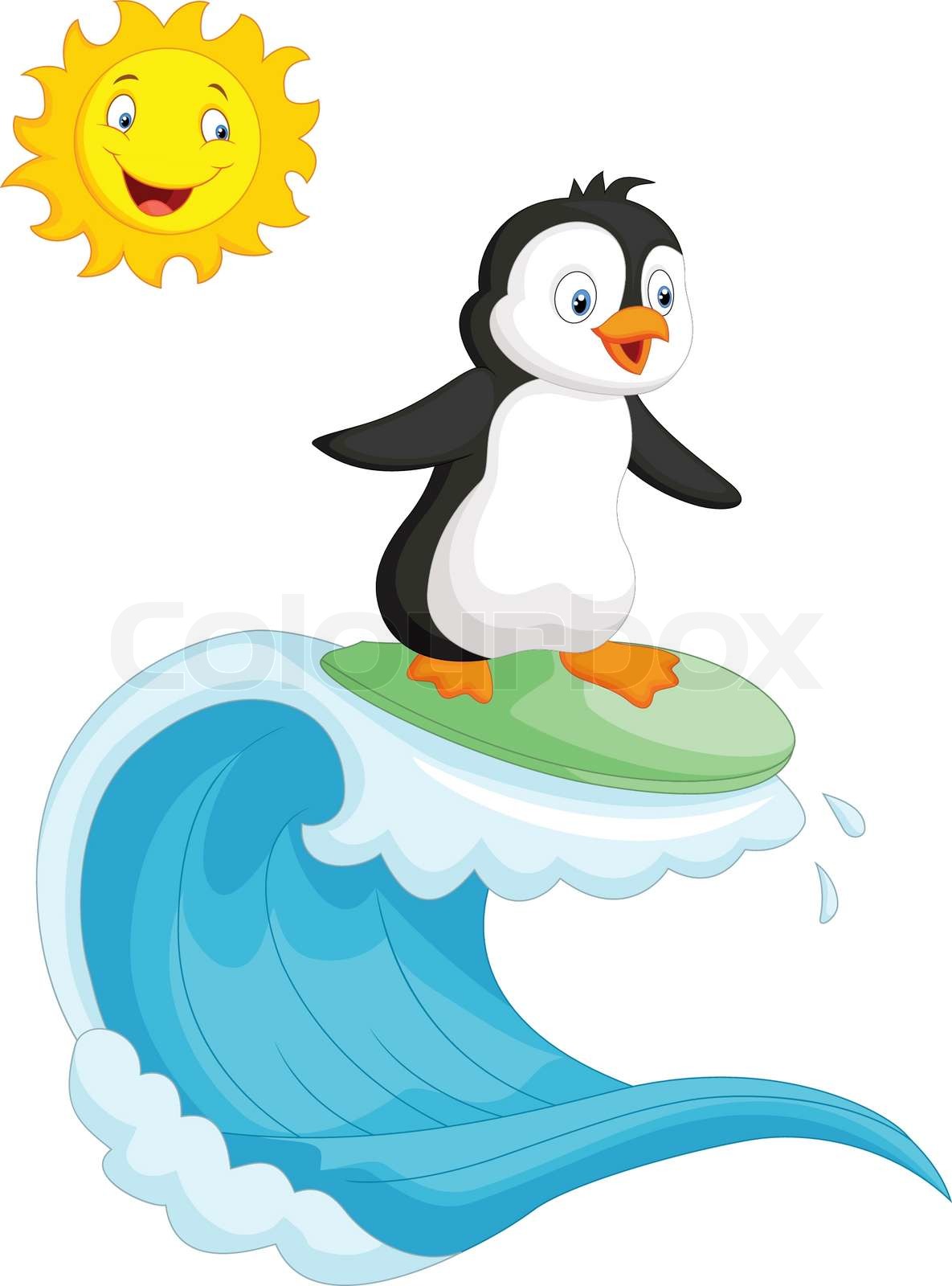 Happy penguin cartoon surfing | Stock vector | Colourbox