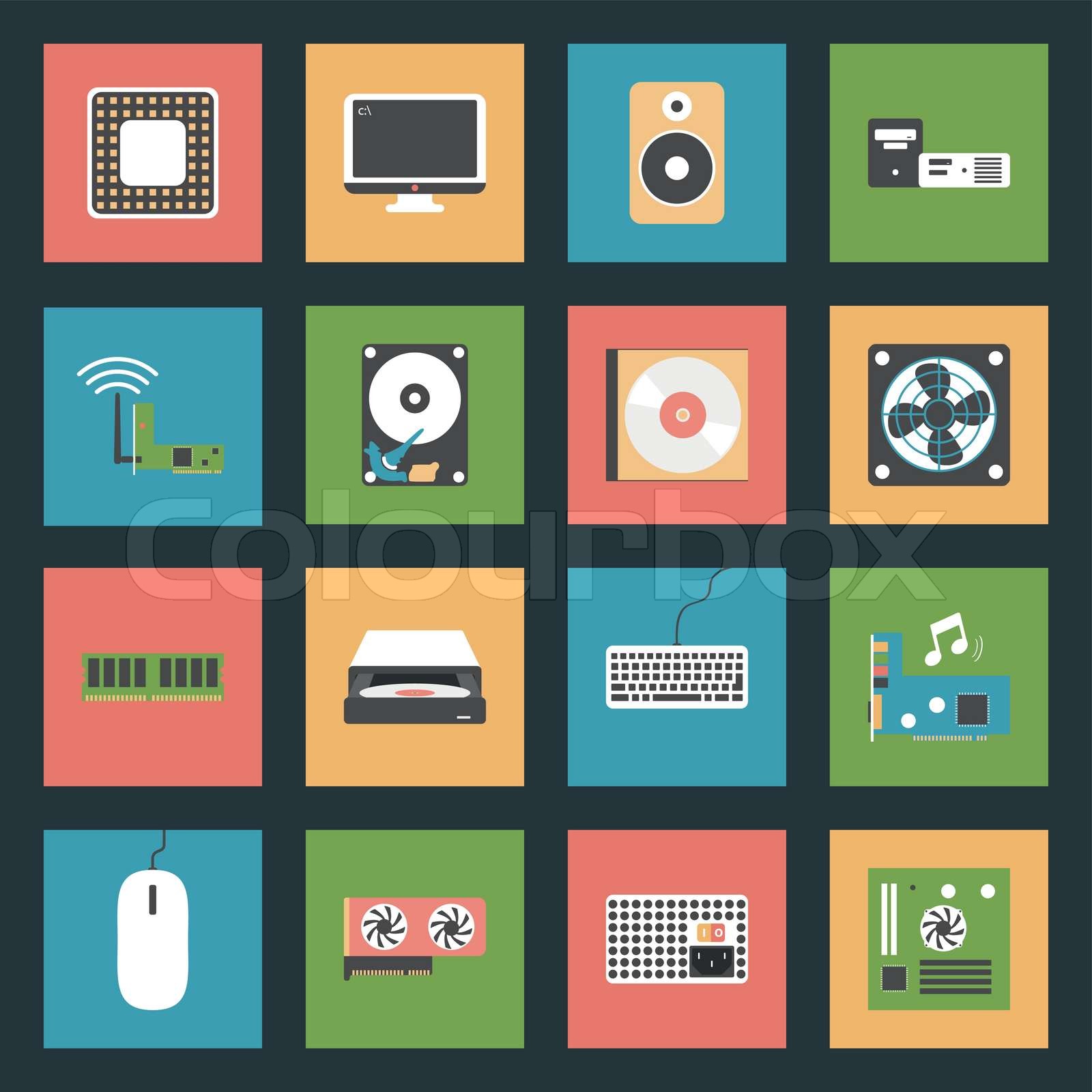 Computer peripherals and parts flat icons set | Stock vector | Colourbox