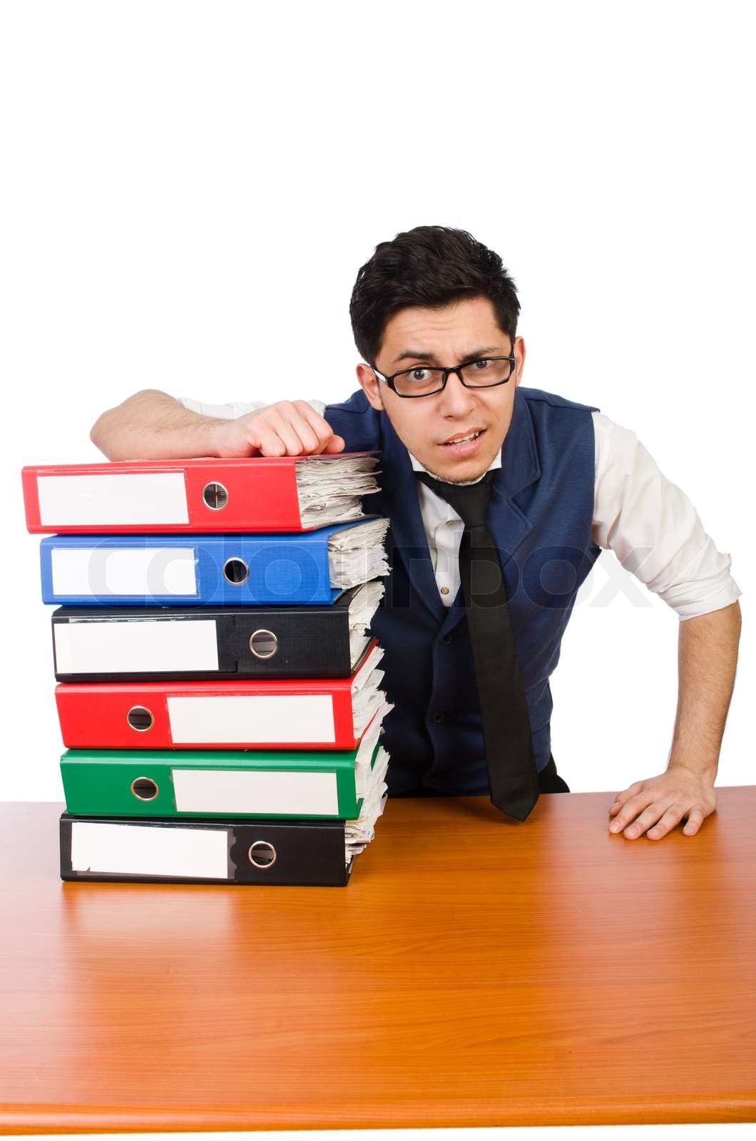 Funny man with lots of folders on white | Stock image | Colourbox