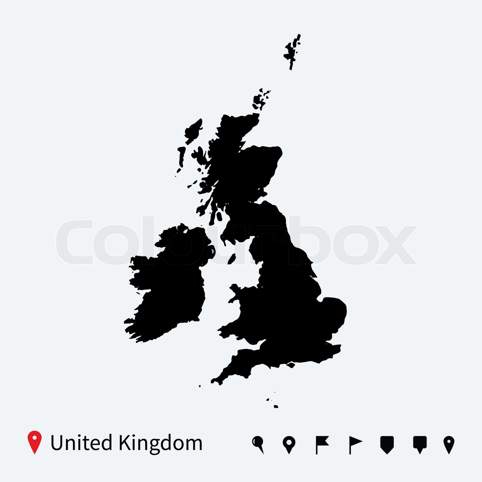 High detailed vector map of United Kingdom with navigation pins ...