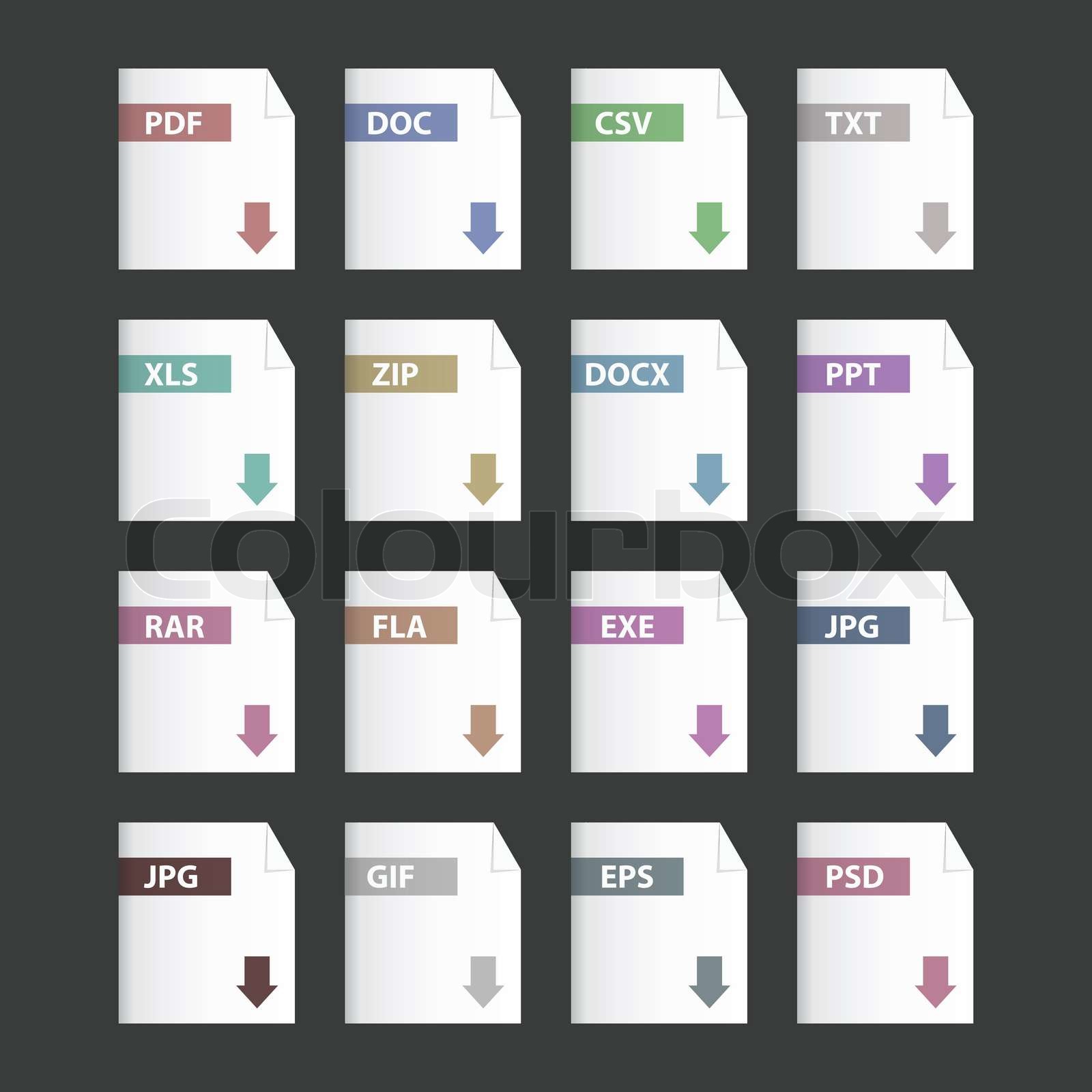 Vektor-Datei-Erweiterungen-Icons set (Pdf, mp3, Txt, Doc, Docx, Jpg ...