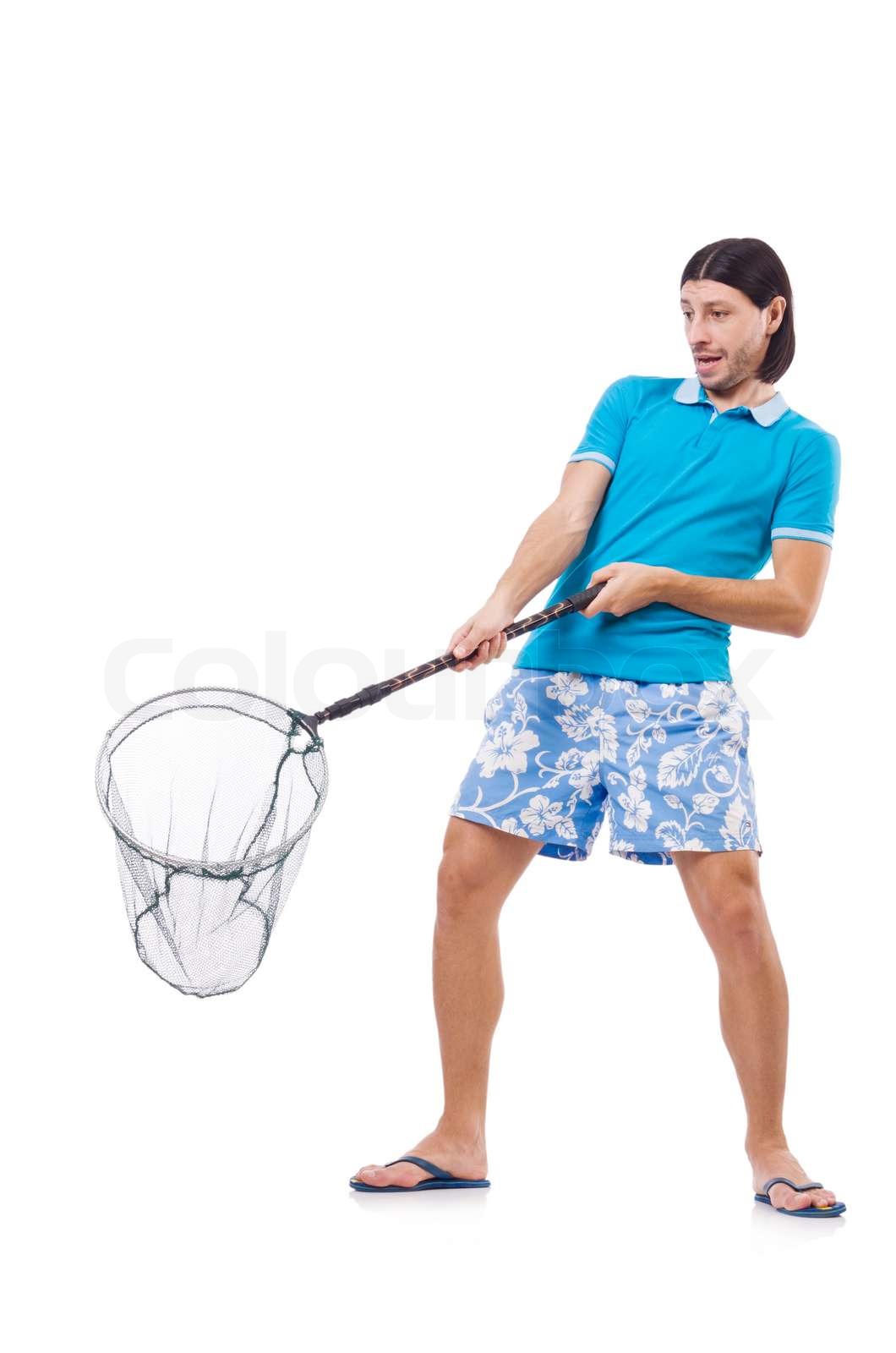 Man with big catching net isolated on white | Stock image | Colourbox