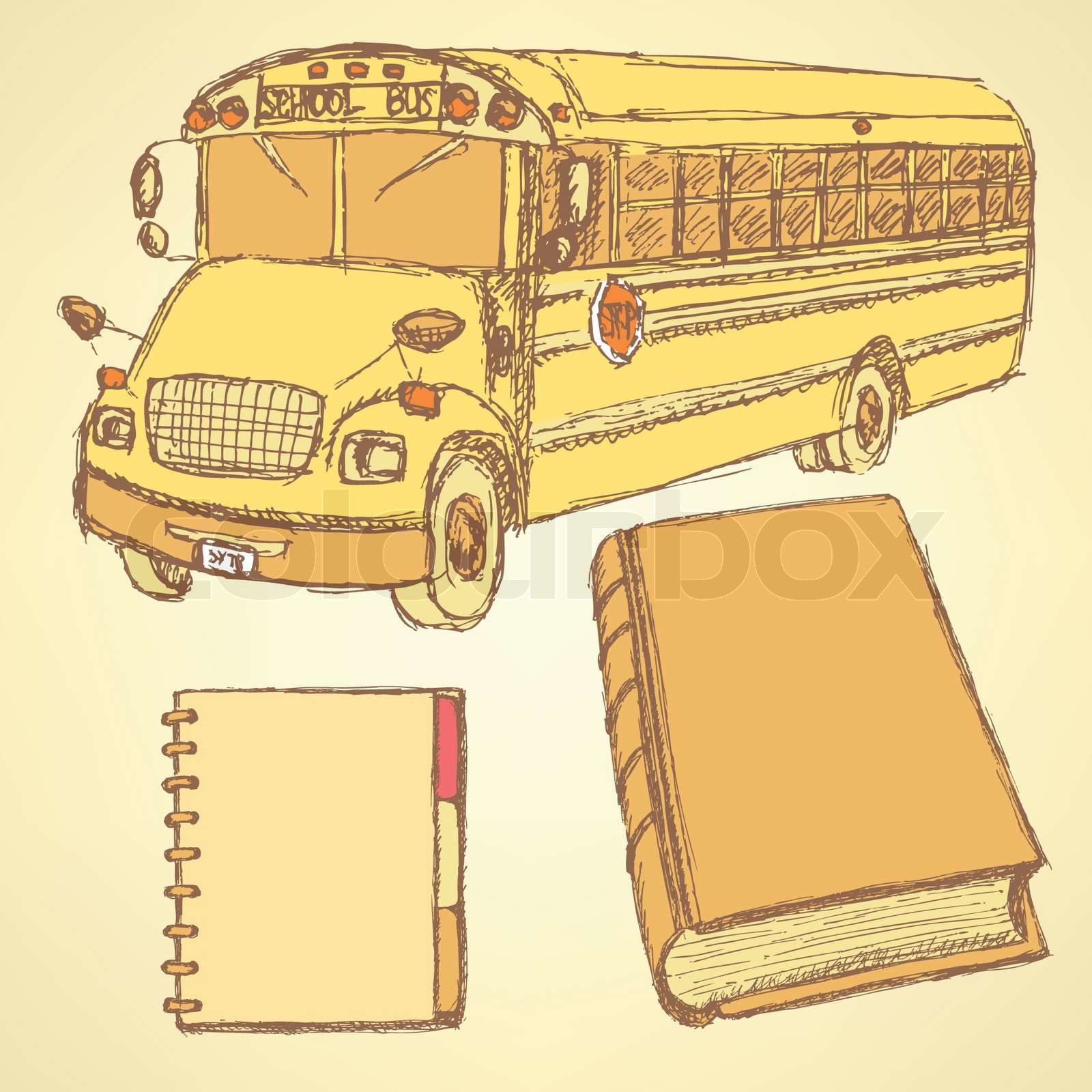 Sketch school bus, book and notebook | Stock vector | Colourbox