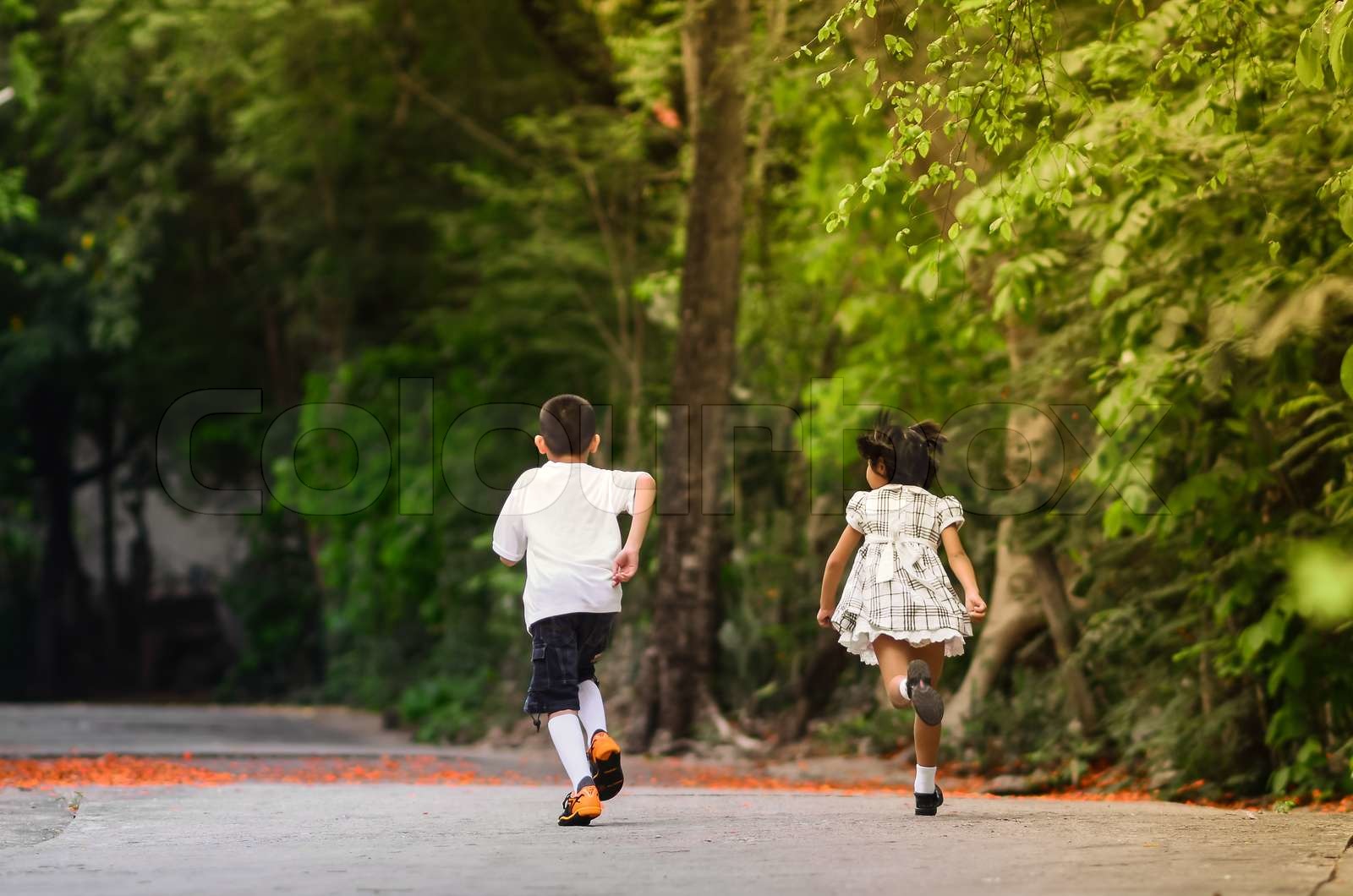 Back of Asian children running in to the park | Stock image | Colourbox