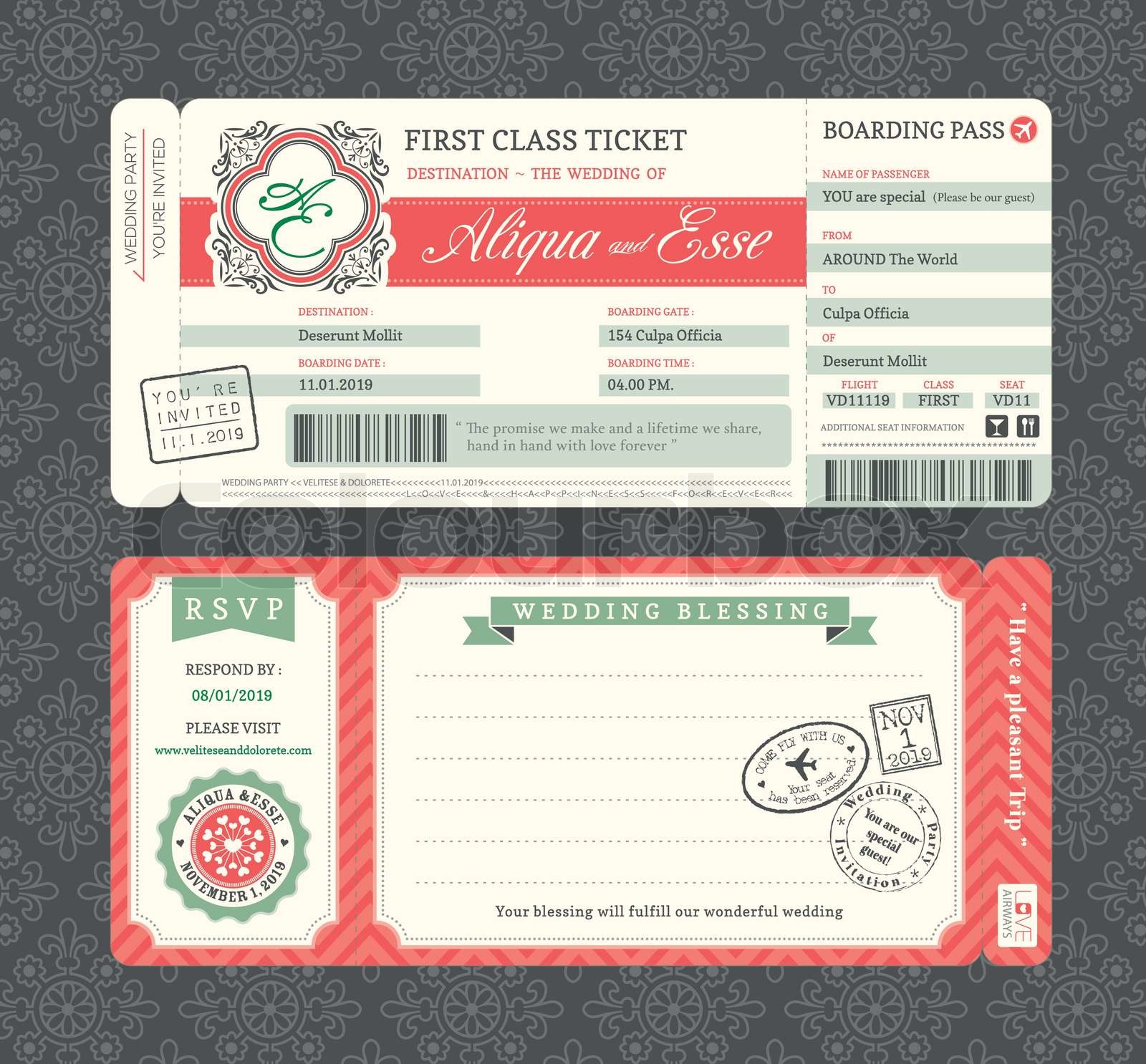 Vintage Boarding Pass Wedding Invitation Template | Stock vector ...