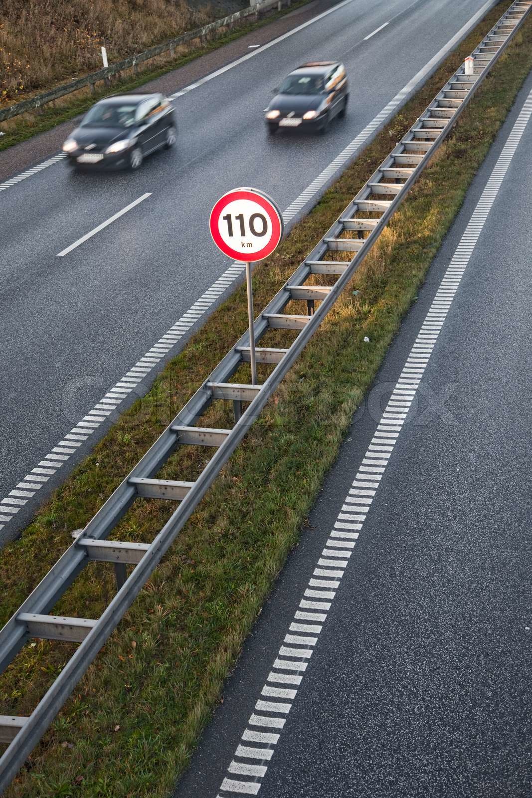 Speed limit (110) sign in a motor highway in Denmark | Stock image ...