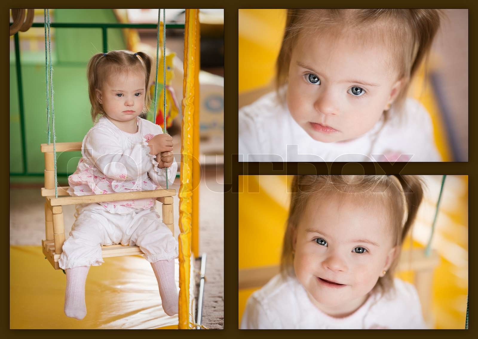 Collage with pictures of emotions of a little girl with Down syndrome ...