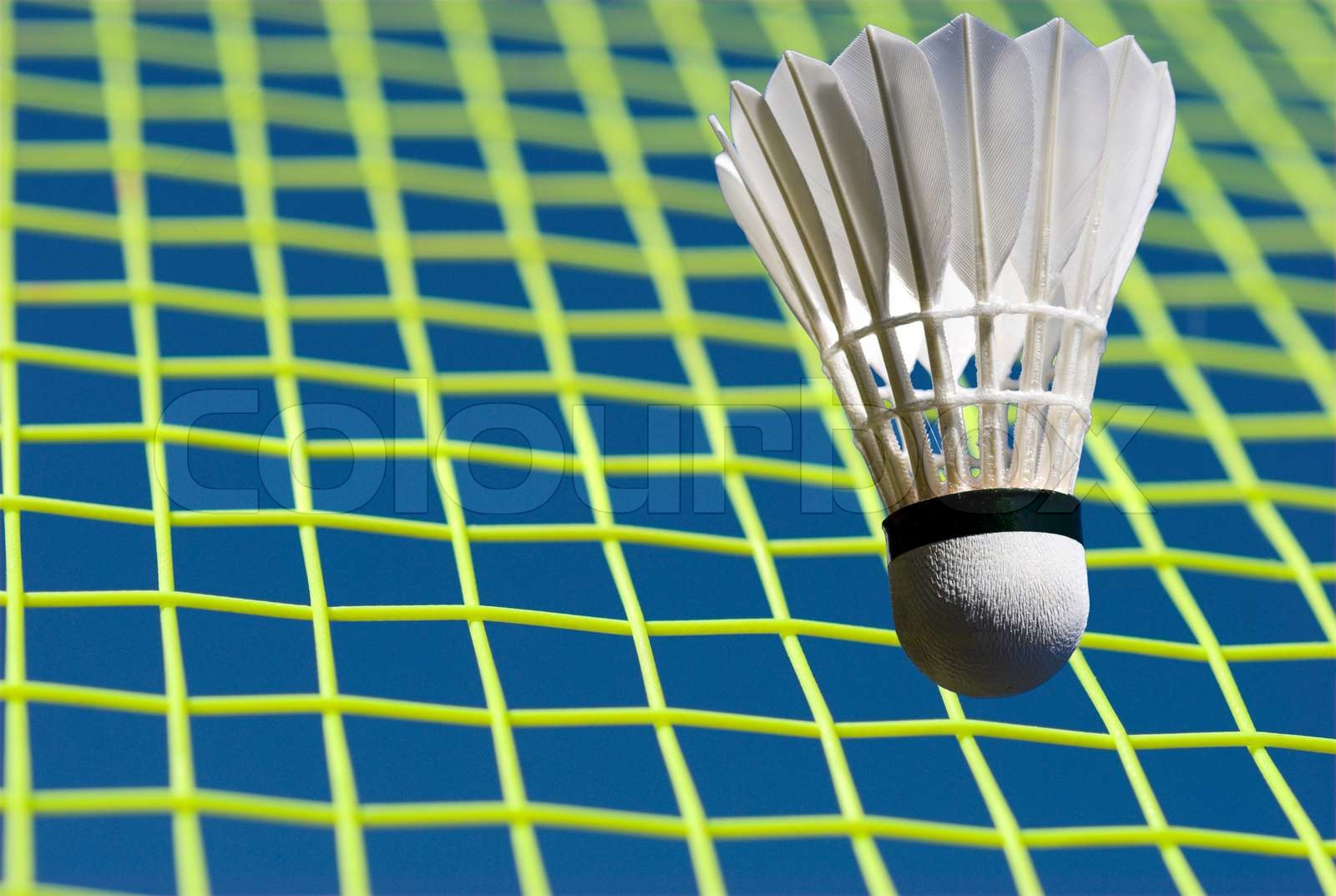 Makro-Badminton. Strings auf ein Schläger? Nahaufnahme, Federball und ...