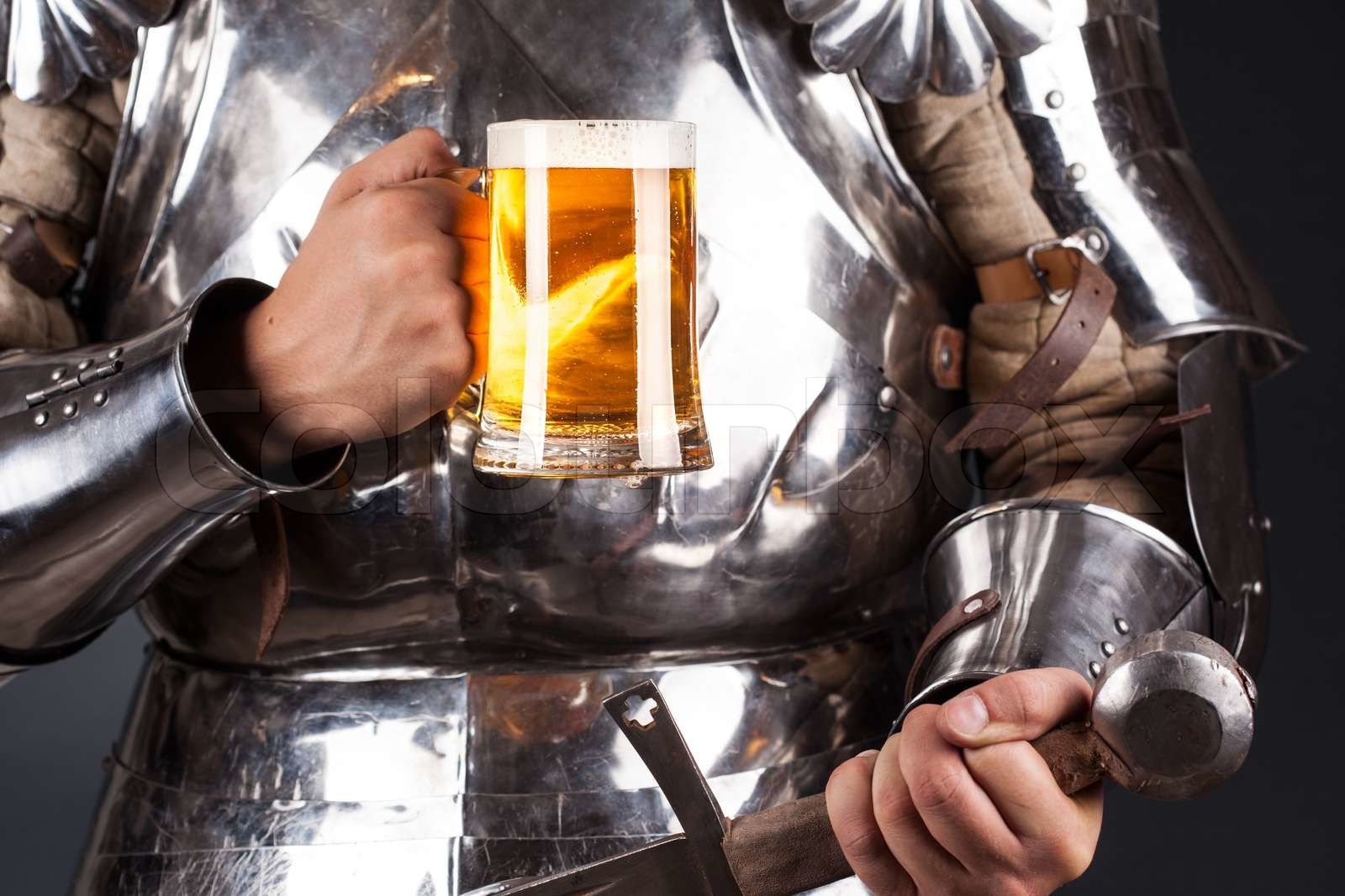 knight wearing armor and holding mug of beer and two-handed sword ...