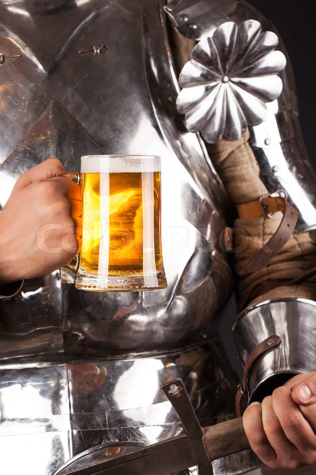knight wearing armor and holding mug of beer and two-handed sword ...