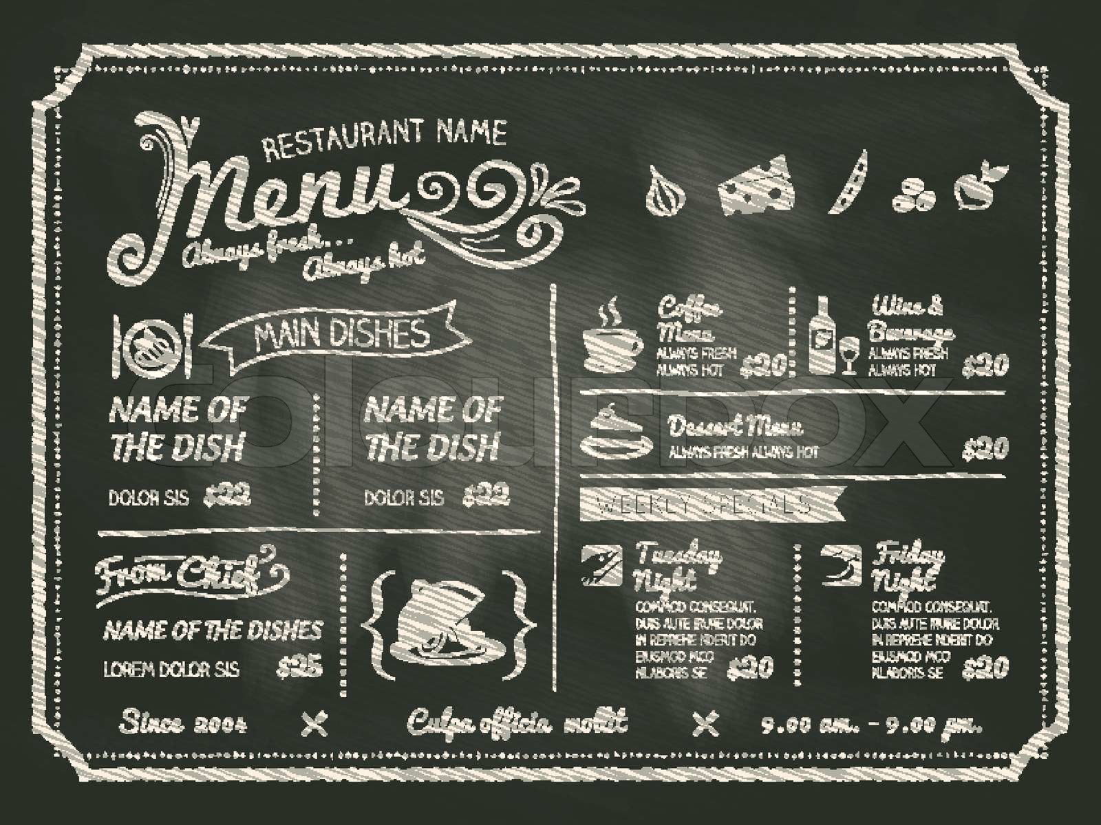 Restaurant Food Menu Design with Chalkboard Background | Stock vector ...
