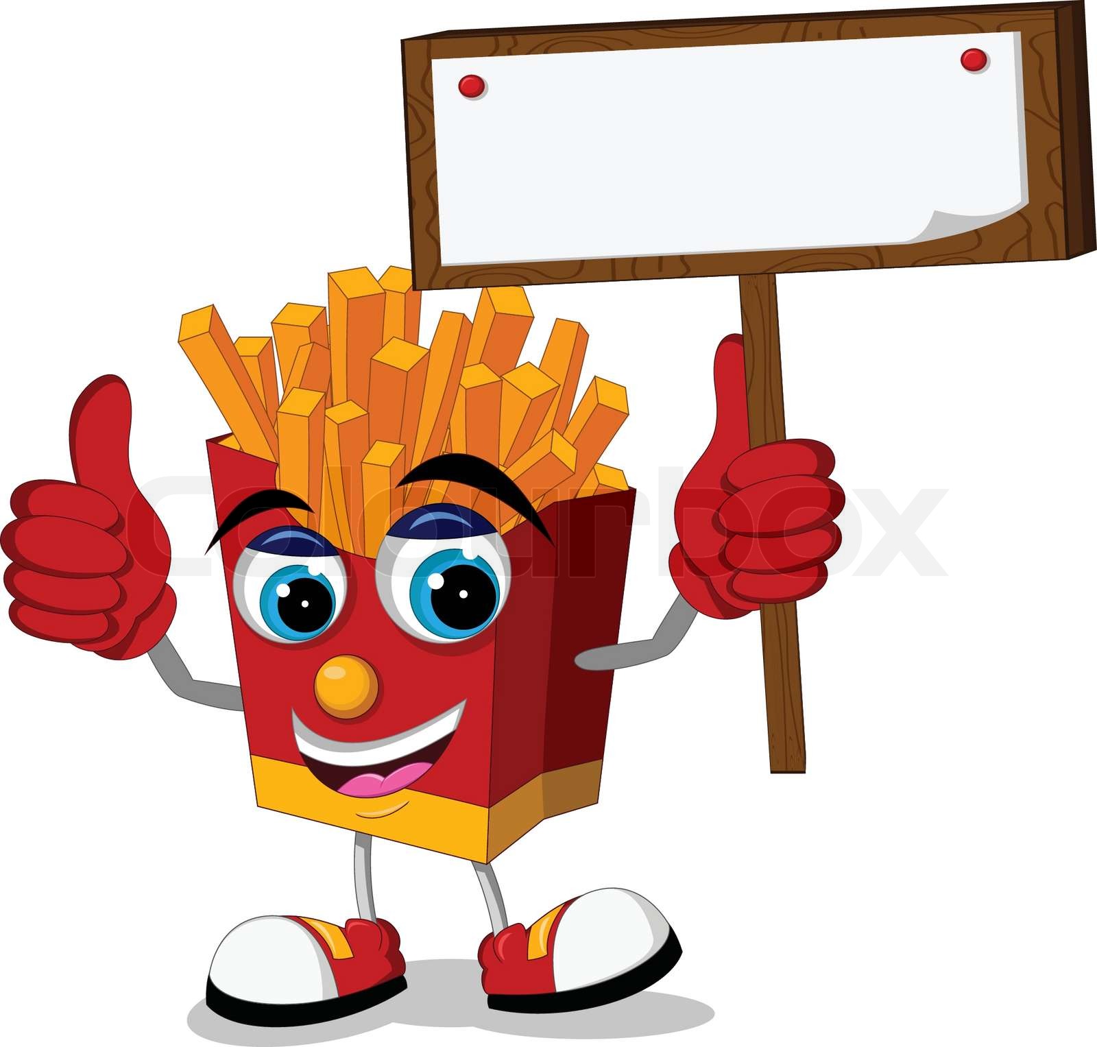 fried potatoes cartoon thumb up with blank board | Stock vector | Colourbox