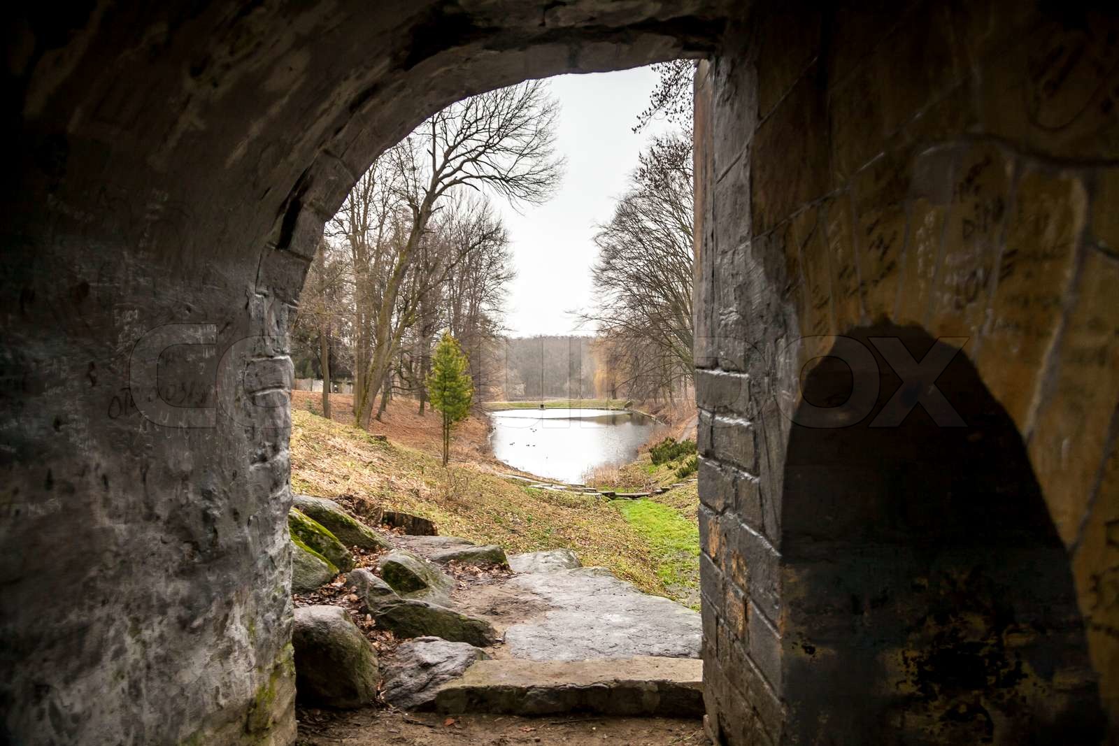 View through tunnel on lake and park | Stock image | Colourbox