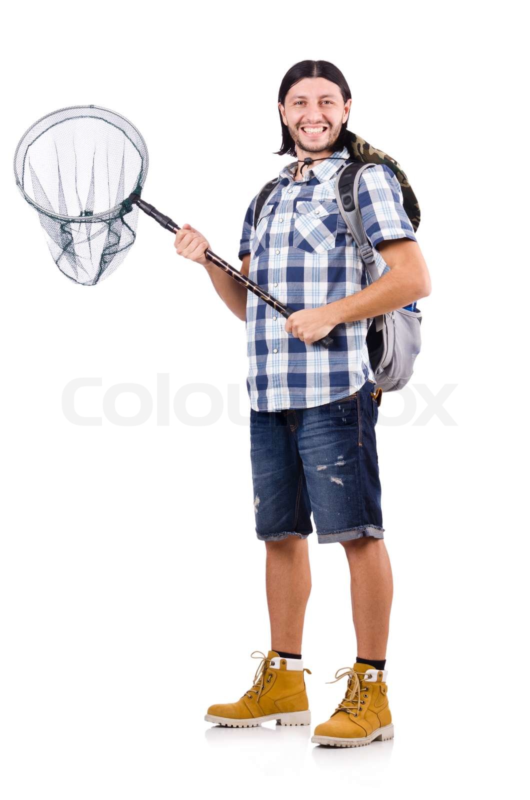 Man with catching net isolated on white | Stock image | Colourbox
