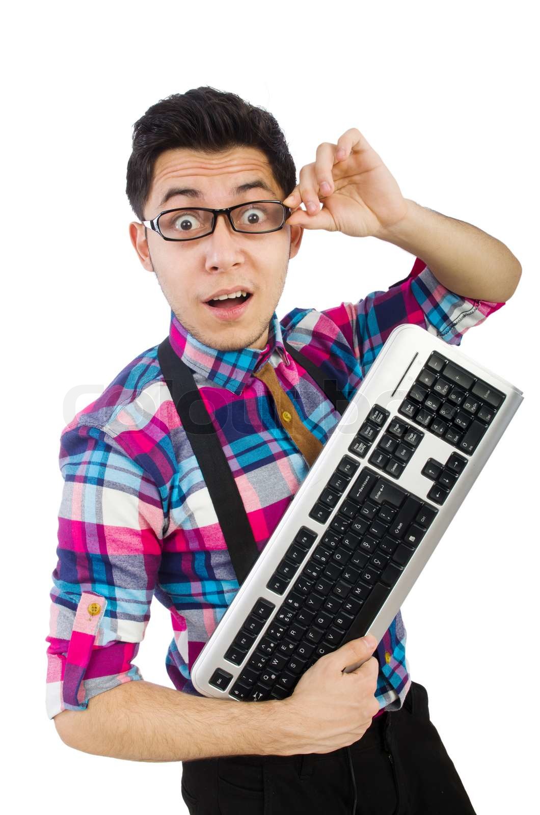 Computer nerd with keyboard isolated on white | Stock image | Colourbox
