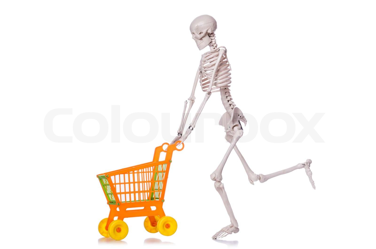 Skeleton with shopping cart trolley isolated on white | Stock image ...